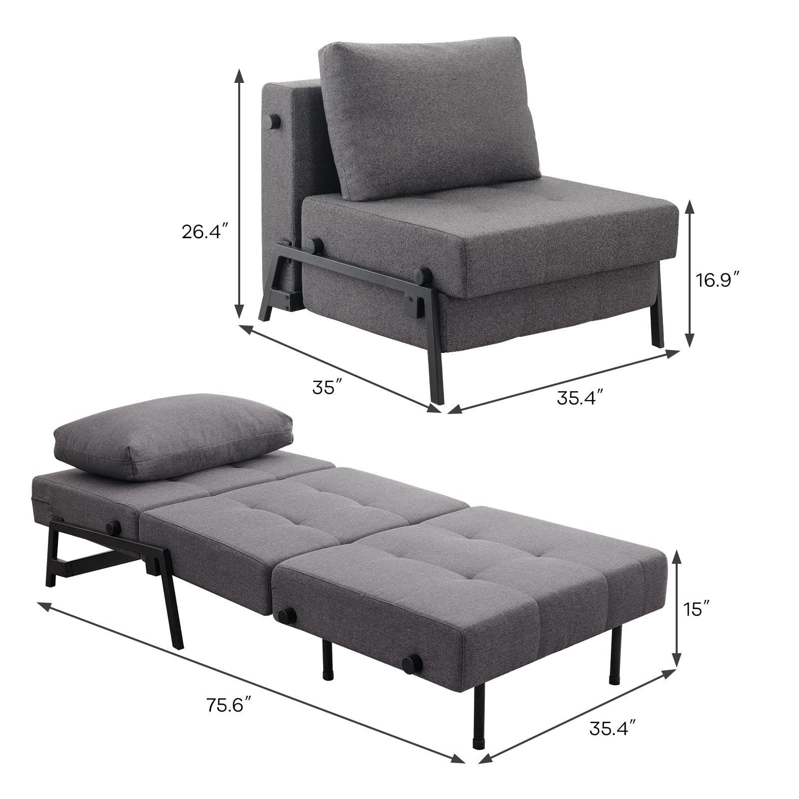 Vonanda Sofa Bed, Convertible Chair Bed Multi-Function Sleeper Chair Modern Breathable Linen Folding Sofa Sleeper with Hidden Legs for Small Room Apartment, Dark Gray