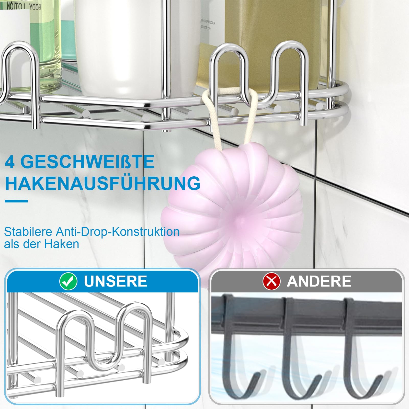 STEUGO Corner Shower Caddy, Shower Organizer Corner Shower Shelf with 12 Hooks,3-Pack Adhesive Stainless Steel Shower Shelves for Bathroom Storage,No Drilling Wall Mounted Shower Rack (Silver)