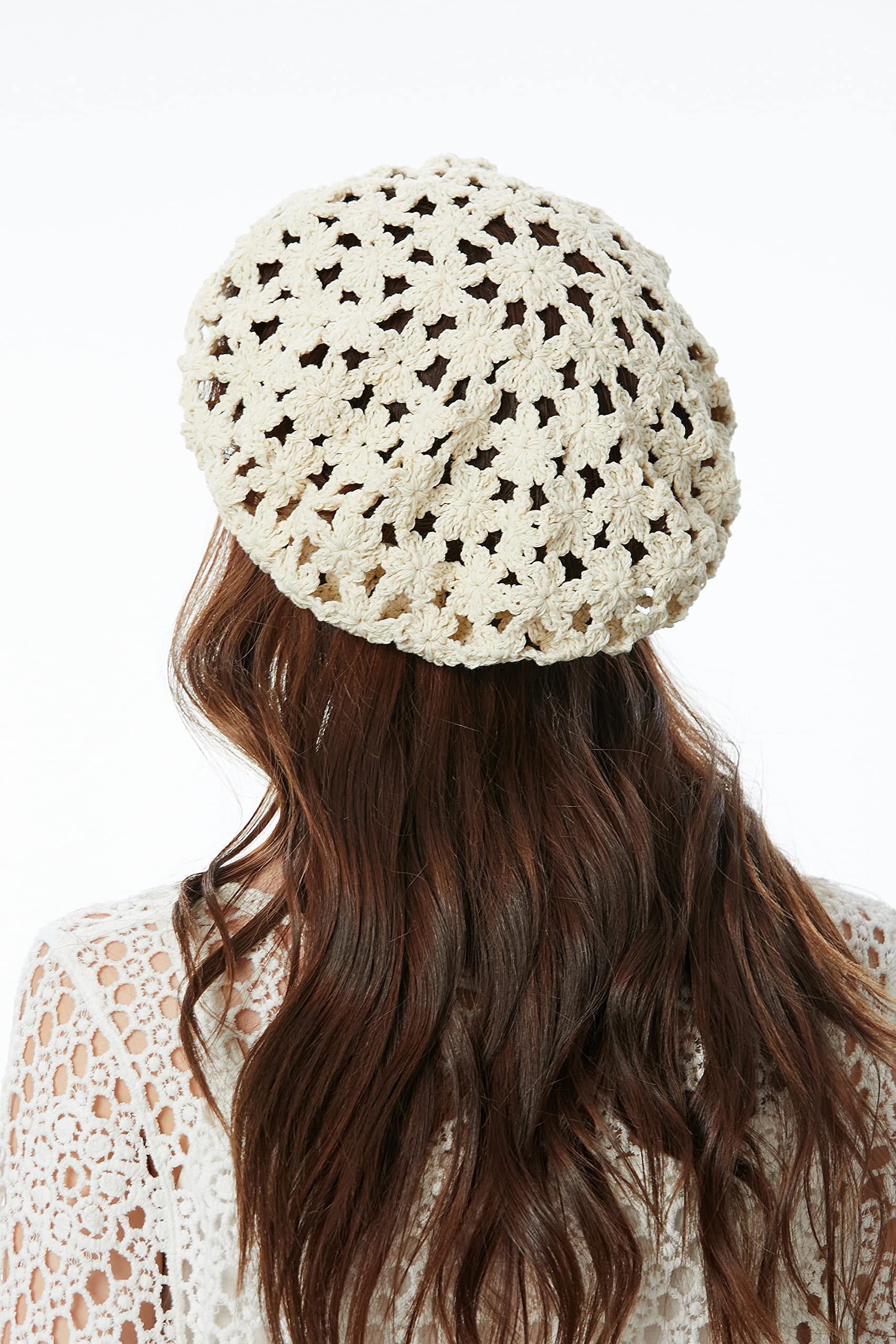 ZLYC Women Cotton Slouchy Crochet Beret Handmade Cutout Floral Beanie Hat (Beige)