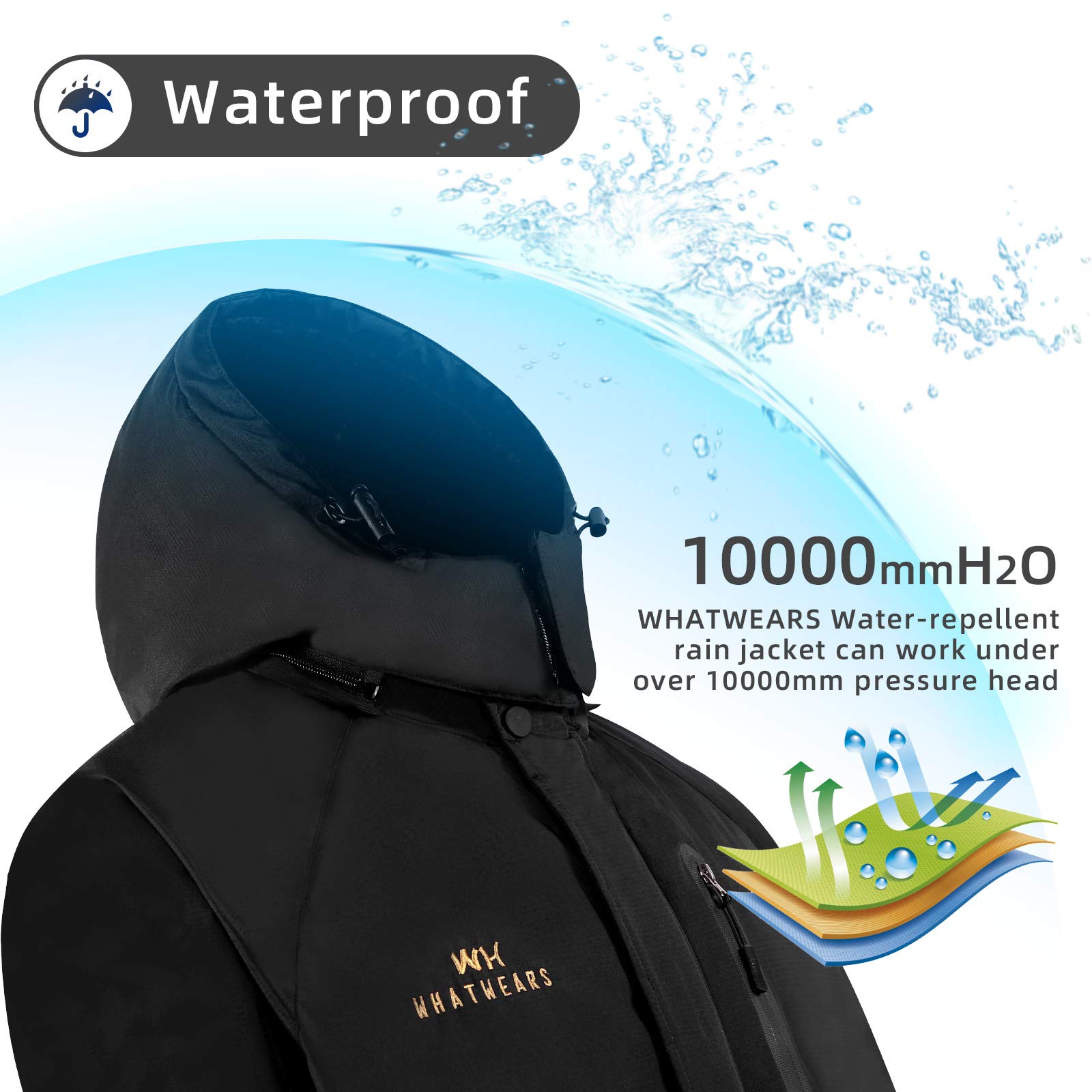 WHATWEARS Men's Winter Coats Waterproof Ski Jacket for Men Snow Coat Windproof Mountain Jackets with Hooded, Black, M
