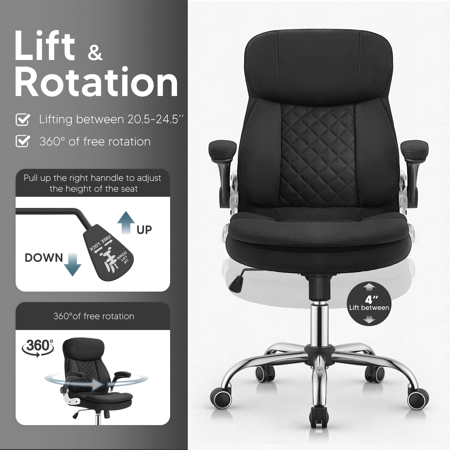 YAMASORO Home Office Executive Chair, High Back Ergonomic Lumbar Support Computer Desk Chairs with Wheels and Flip-up Arms, Linen Fabric, Black
