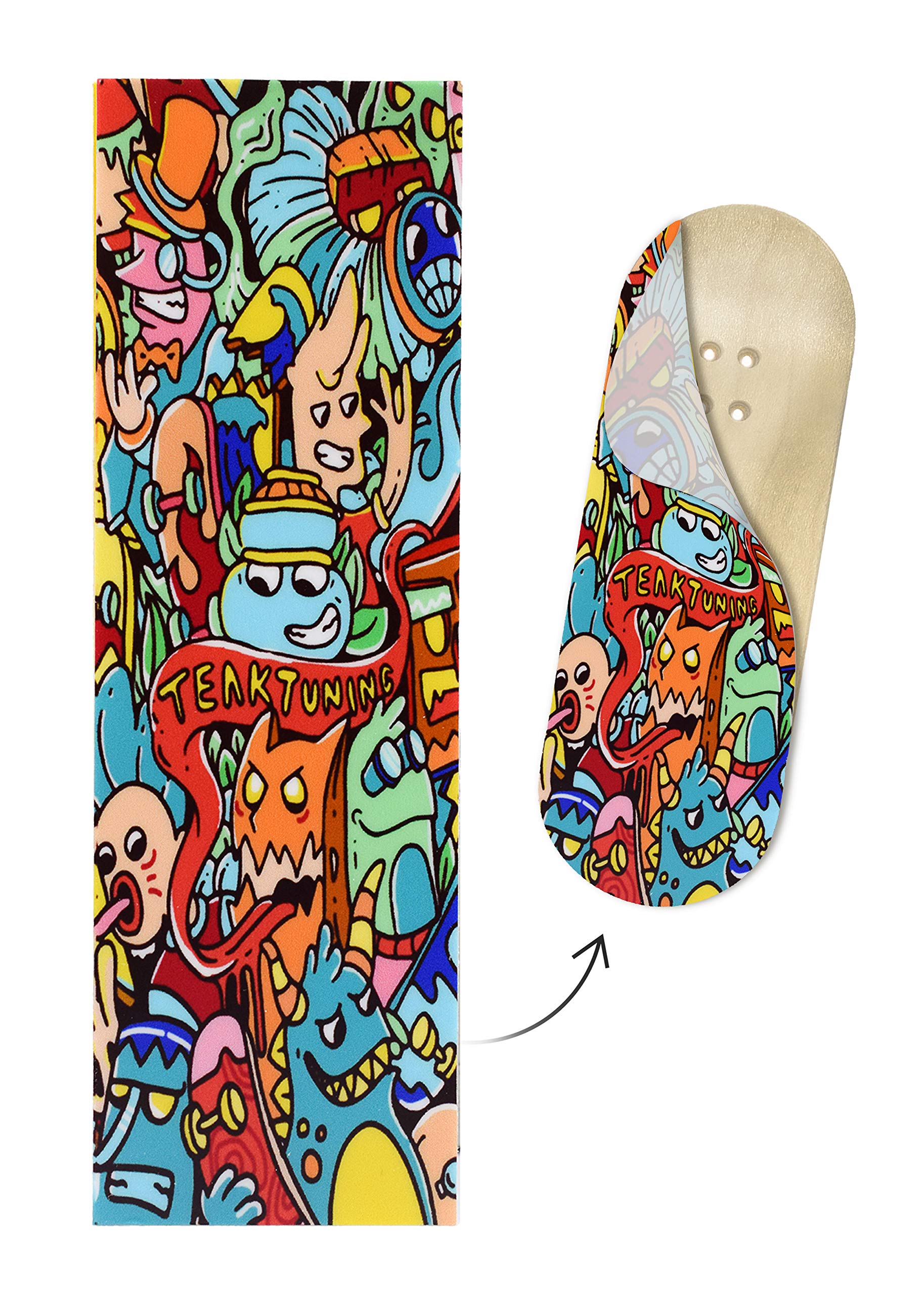 Teak Tuning Fingerboard Deck Graphic, Bubble Bushings & Monsters" - Adhesive Graphics to Customize Your 35mm - 110mm Long, 35mm Wide - Waterproof Vinyl - Includes Mini File
