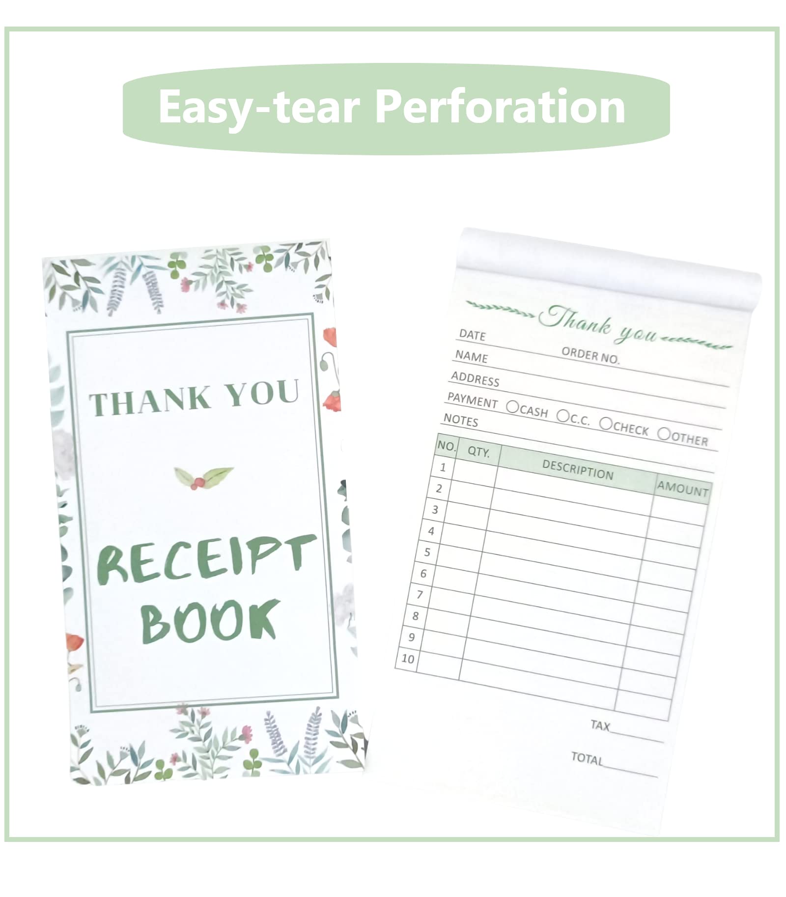Thank You Receipt Book for Small Businesses 4x7 inches 2-Part Carbonless White Yellow 50 Sets 100 Sheets per Book with Wrap Around Cover Blank Signature Stamp Section 1 Pack Green