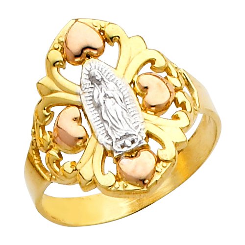 Saint Collection Filigree-Style 14k Tri-Color Gold Four Leaf Clover Hearts Our Lady of Guadalupe Ring (Size 8)