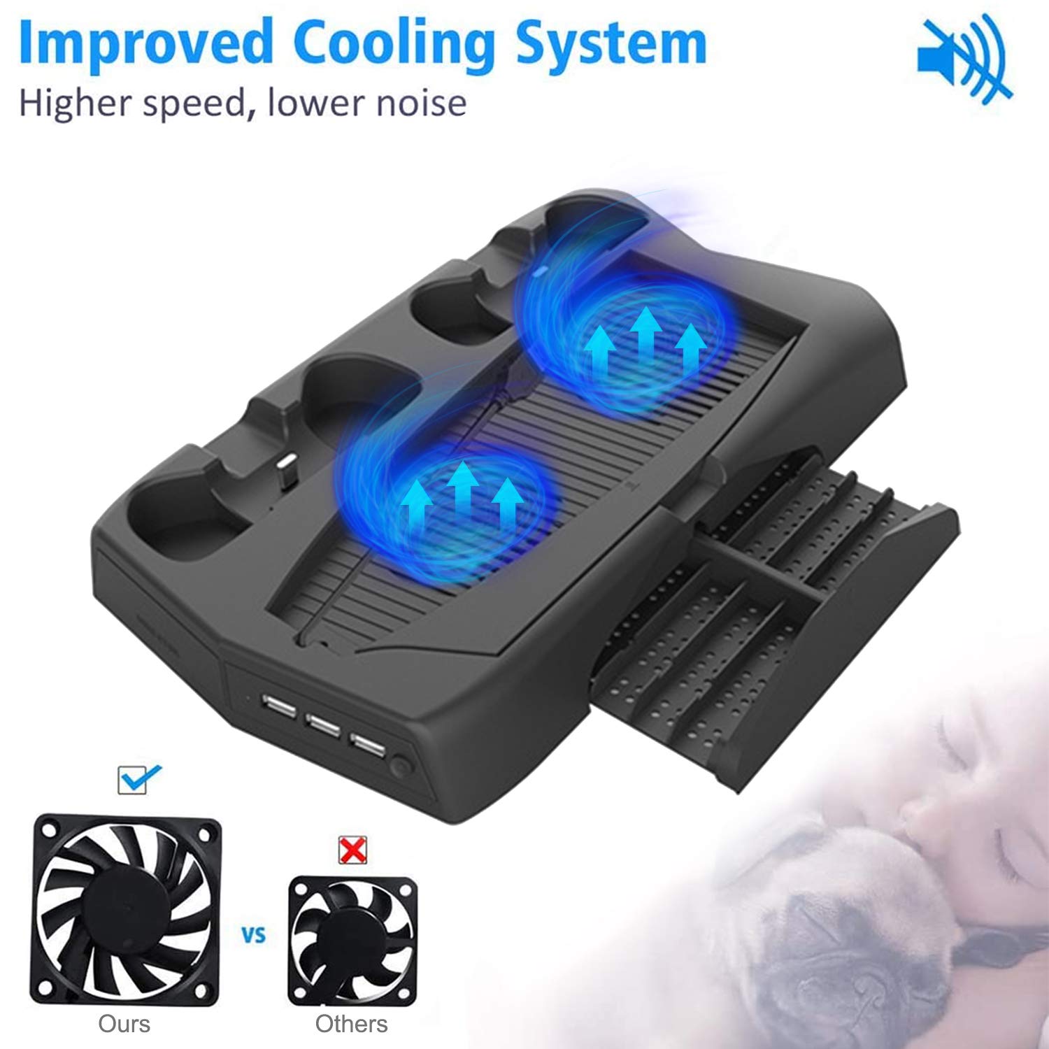 Woolia Vertical Stand Cooling Fan Station for Playstation 5 Digital Edition/Ultra HD, PS5 Stand with 14 Retractable Game Slots & Organizer USB Ports & Dual Controller Charging Dock & LED Indicators