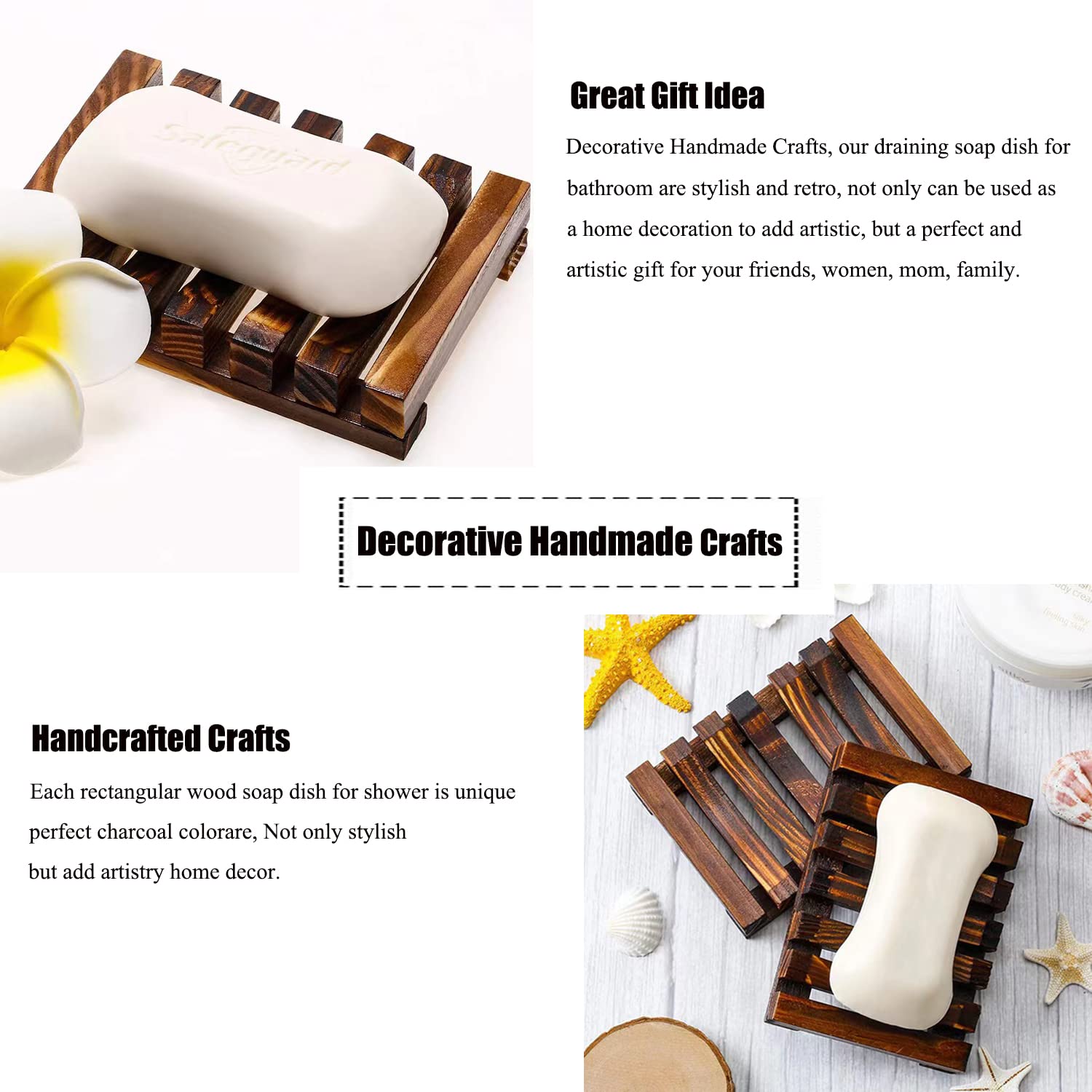 Self Draining Soap Dish Holder/ Tray, 3 Pcs Natural Wooden Soap Saver, Soap Case for Shower, Bathroom, Extend Soap Life, Keep Soap Bars Dry Clean & Easy Cleaning(Charcoal)