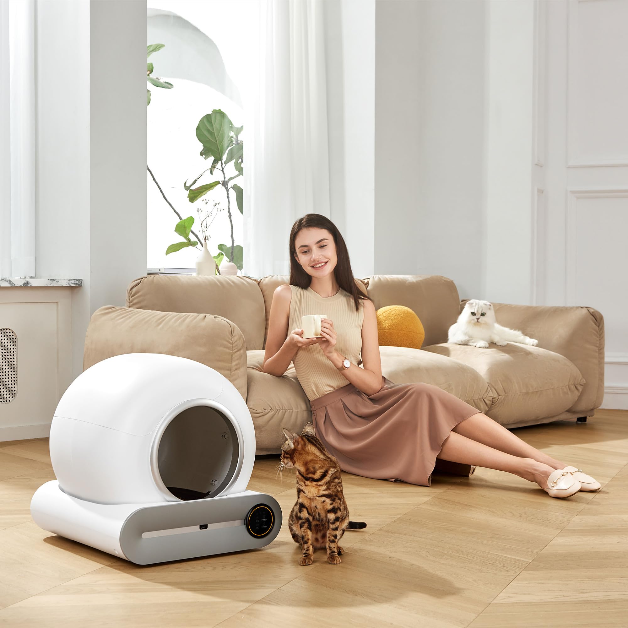 Self-Cleaning Cat Litter Box, Automatic Scooping and Anti-Pinch&Odor Removal, Extra Large for Multiple Cats, All Litter Can Use, Easy Clean, with Garbage Bags/Mats, Smart App Control