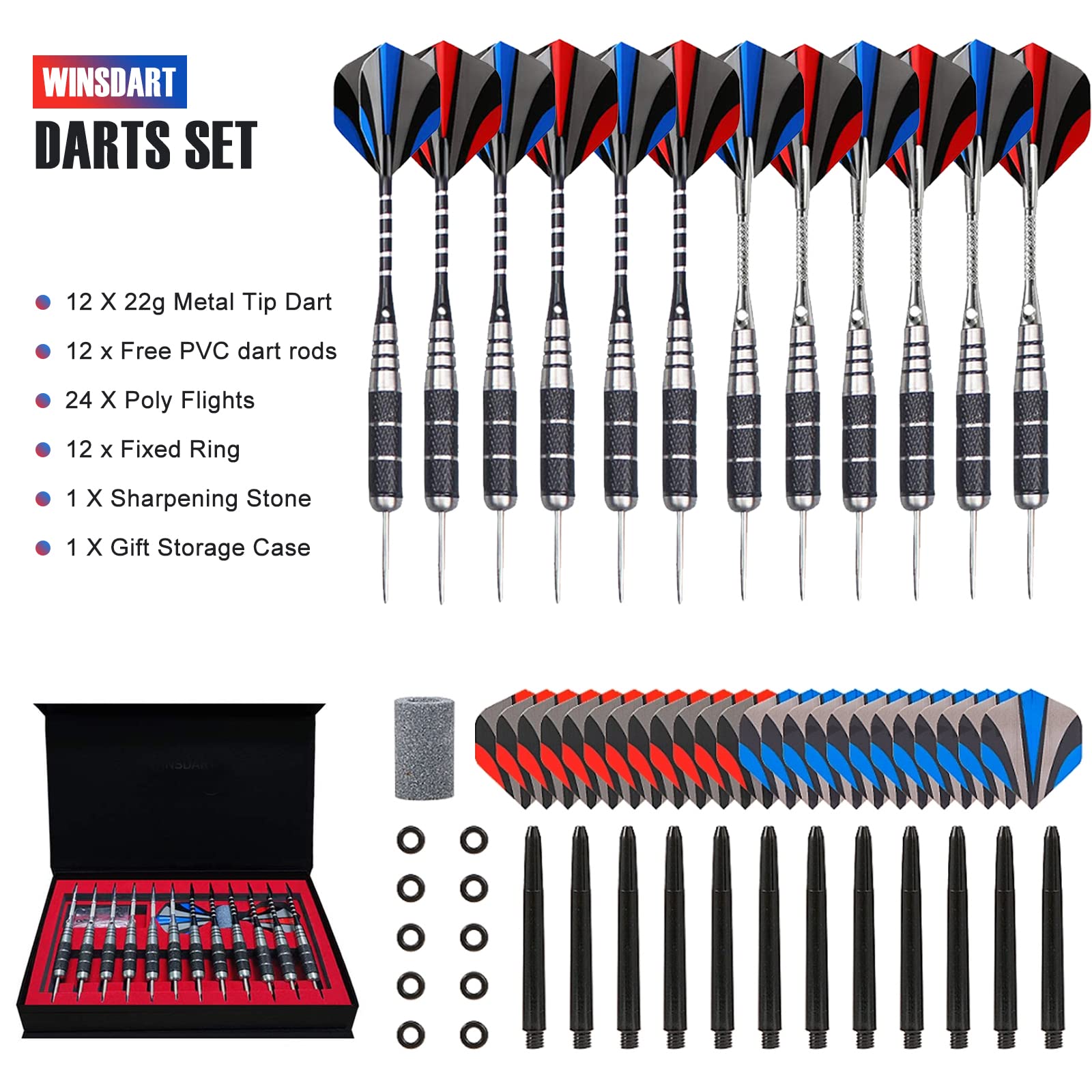 WINSDART Steel Tip Darts Set, 12 Pack Professional Metal Darts for Dartboard with Nonslip Dart Shafts, 2 Style Flights, Darts Sharpener and Gift Case