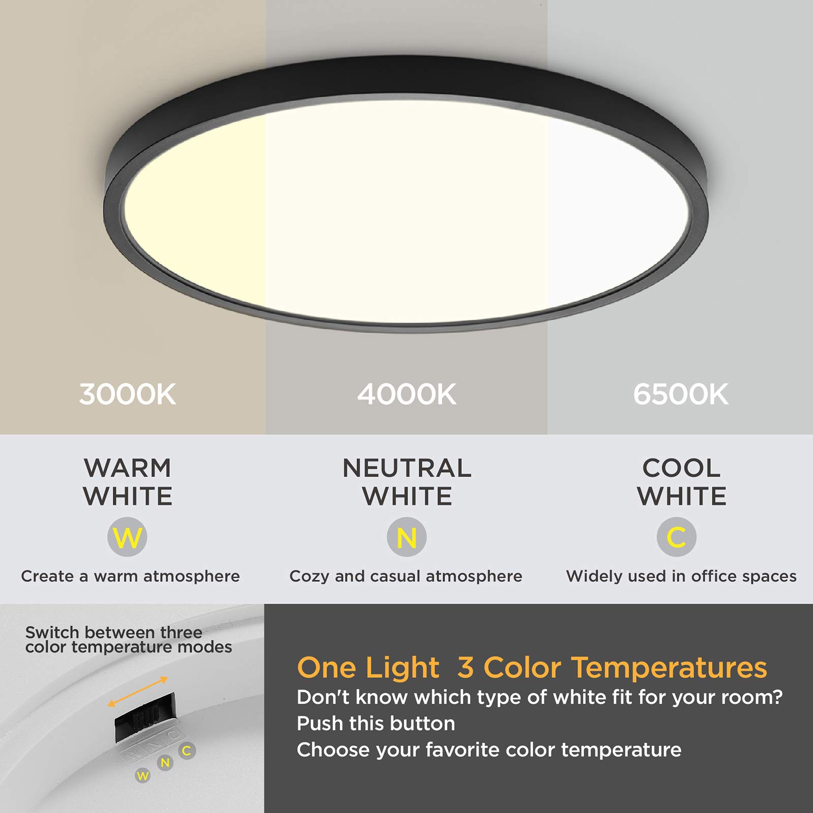 TALOYA Upgraded Flush Mount LED Ceiling Light Fixture Dimmable 3 Color in One(3000K/4000K/6500K) Black 12inch 20W=200W for Laundry Room Balcony