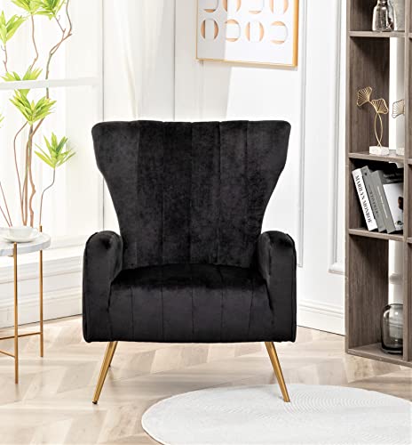US Pride Furniture Modern Velvet Accent Chair for Living Room, Bedroom or Office with Stylish Metal Legs, Plush Upholstery and Wood Frame, Small-Medium, Black