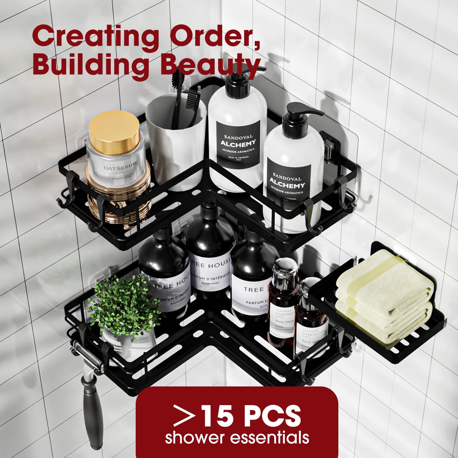 Sakugi Shower Caddy - 3 Piece Set, Corner Shower Shelves with Hooks & Soap Holder, Stainless Steel Shower Caddy for Corner, No Drilling Shower Shelf for Inside Shower, Shower Organizer, Black D