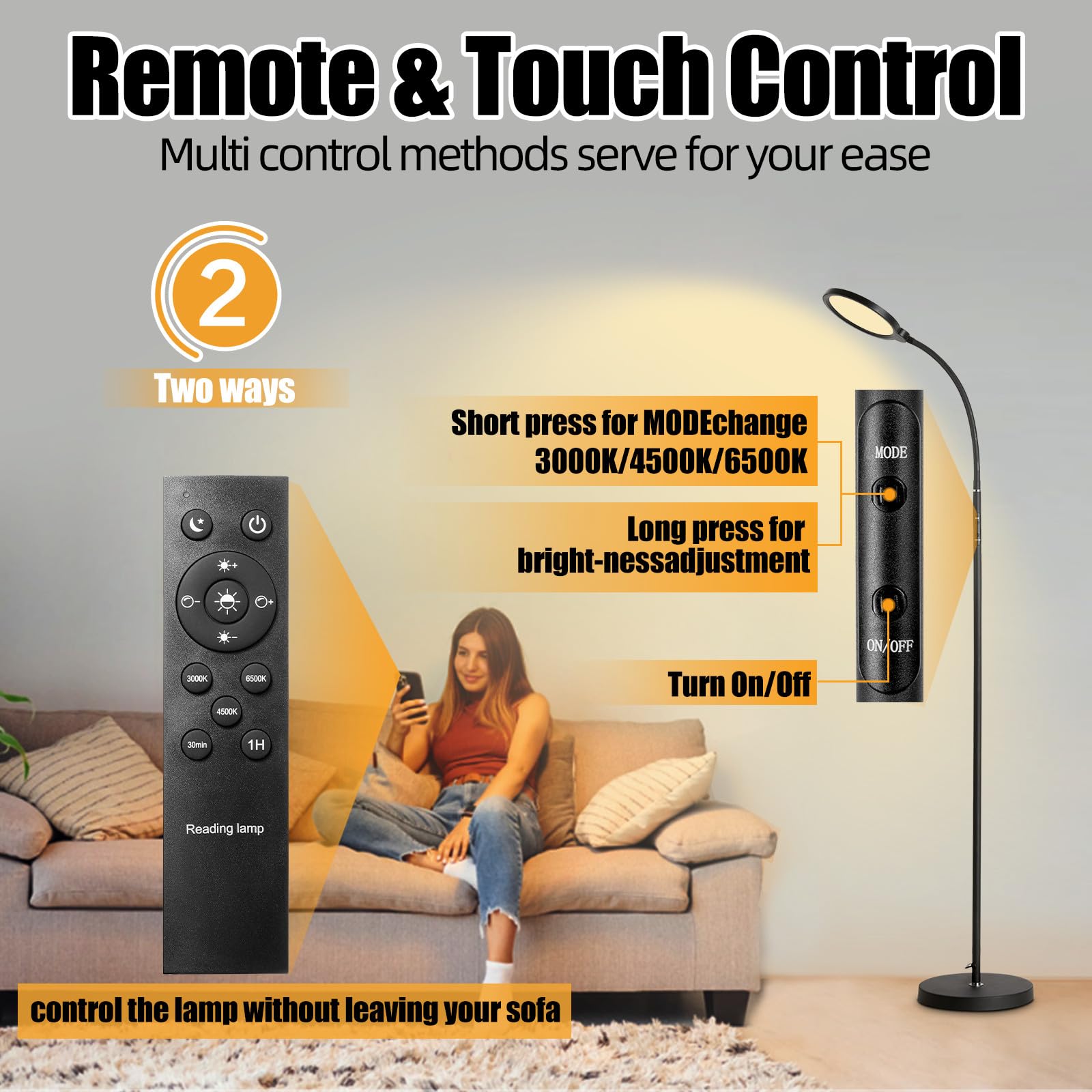 YOPSTAR Floor Lamp, LED Reading Light, Bright Modern Tall Lamp, 3 Color Temperatures & Brightness, Adjustable Gooseneck Standing Lamp with Remote & Touch Control for Living Room, Bedroom, Office