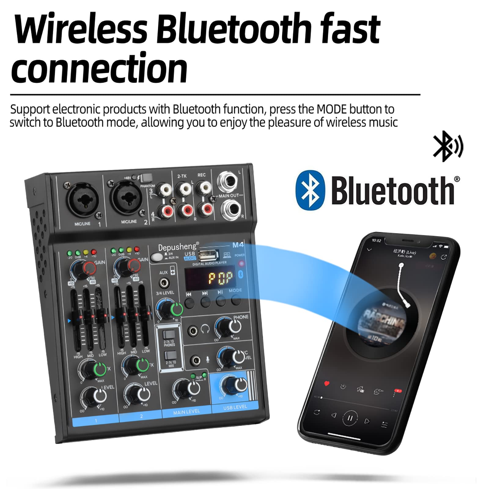 Depusheng M4 Portable Mini Mixer 4-Channel Audio Mixer DJ Console with Sound Card, Bluetooth Function, USB, 48V Phantom Power for PC Recording Webcast Party