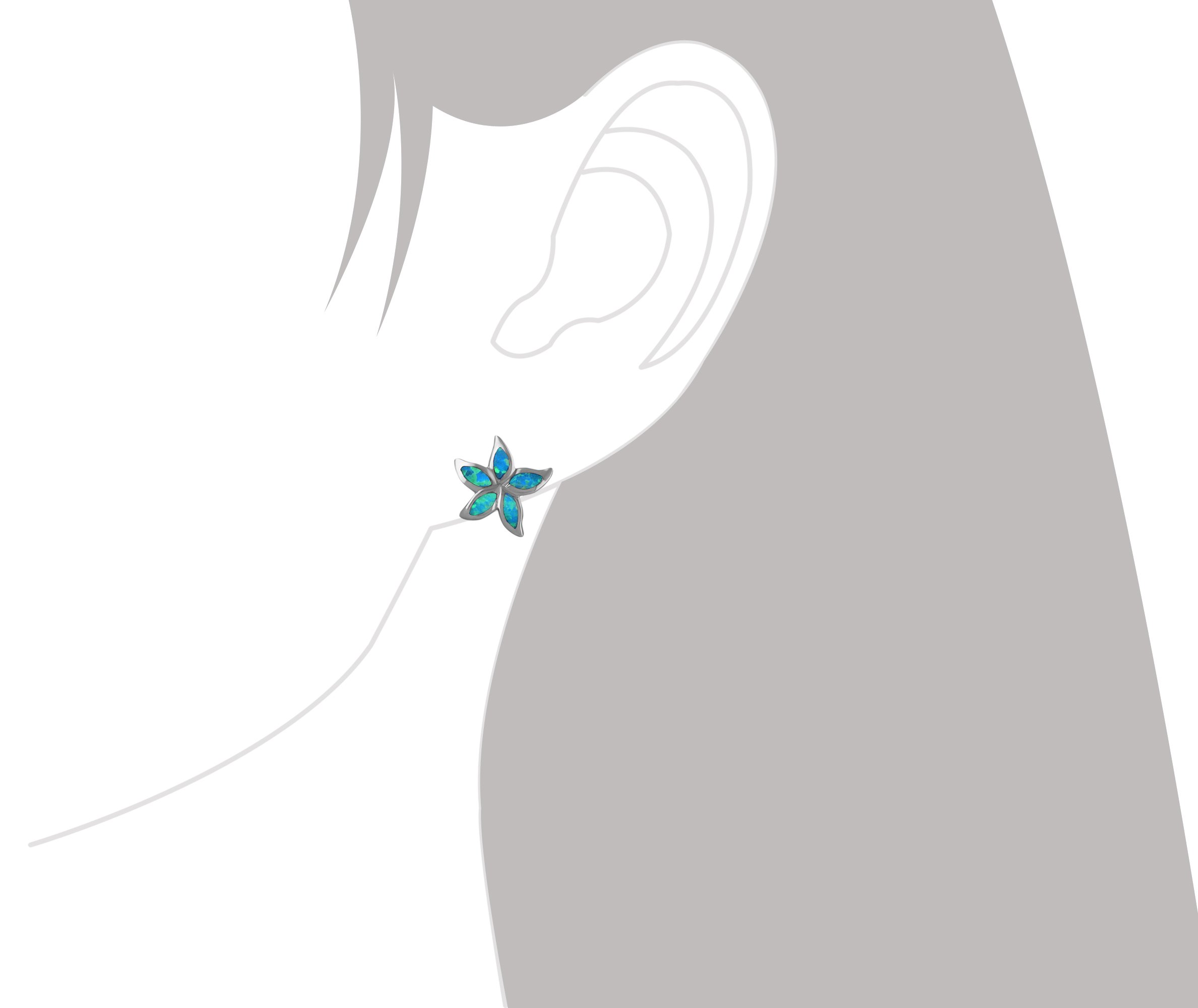 Sterling Silver Synthetic Blue Opal Plumeria Starfish Stud Earrings