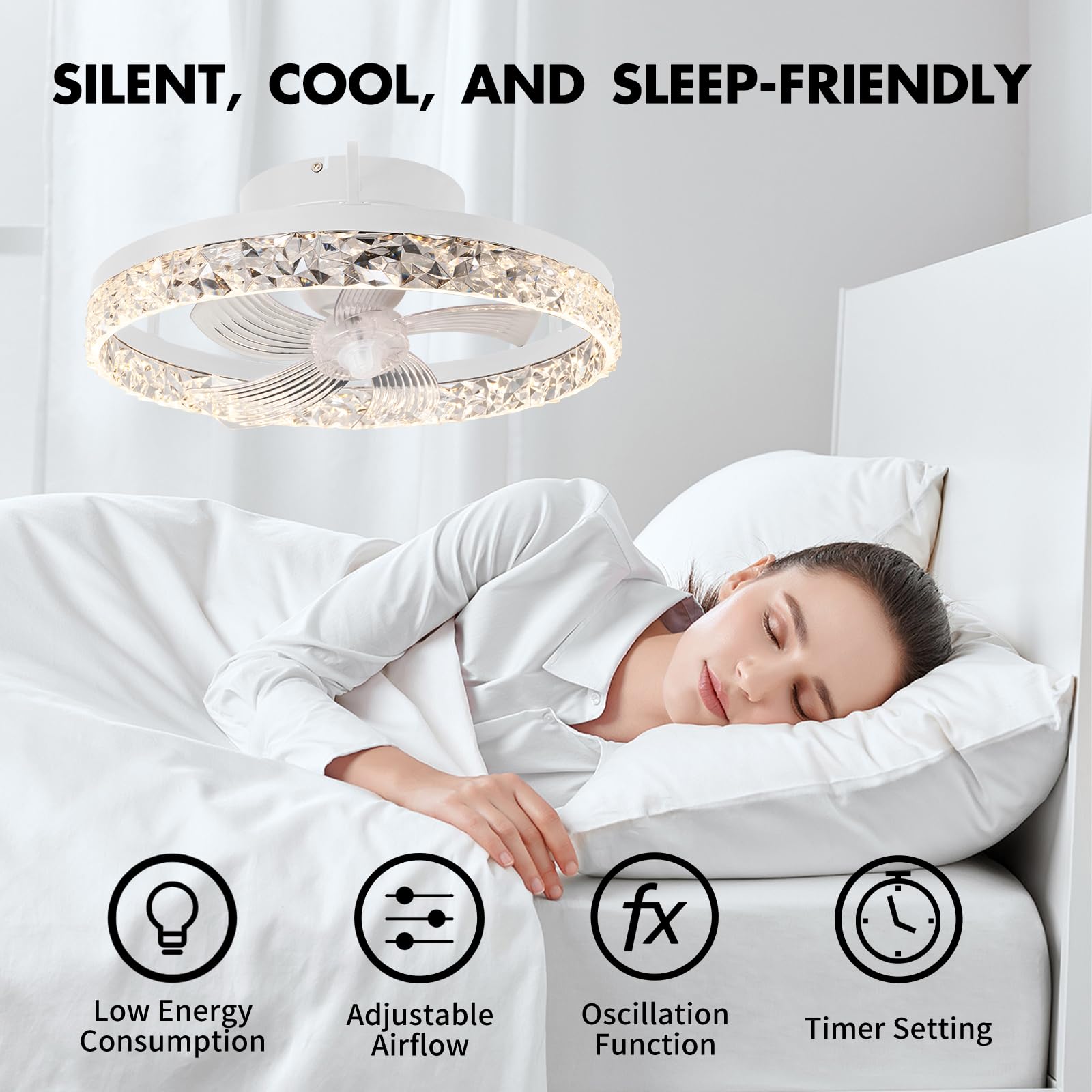Tivleed Low Profile Ceiling Fan with Lights, 20" Semi Flush LED Fans Light, Remote & Smart APP Control, 360° Rotatable, Modern, 3 Colors Dimmable, for Bedroom Kitchen Living Room, White