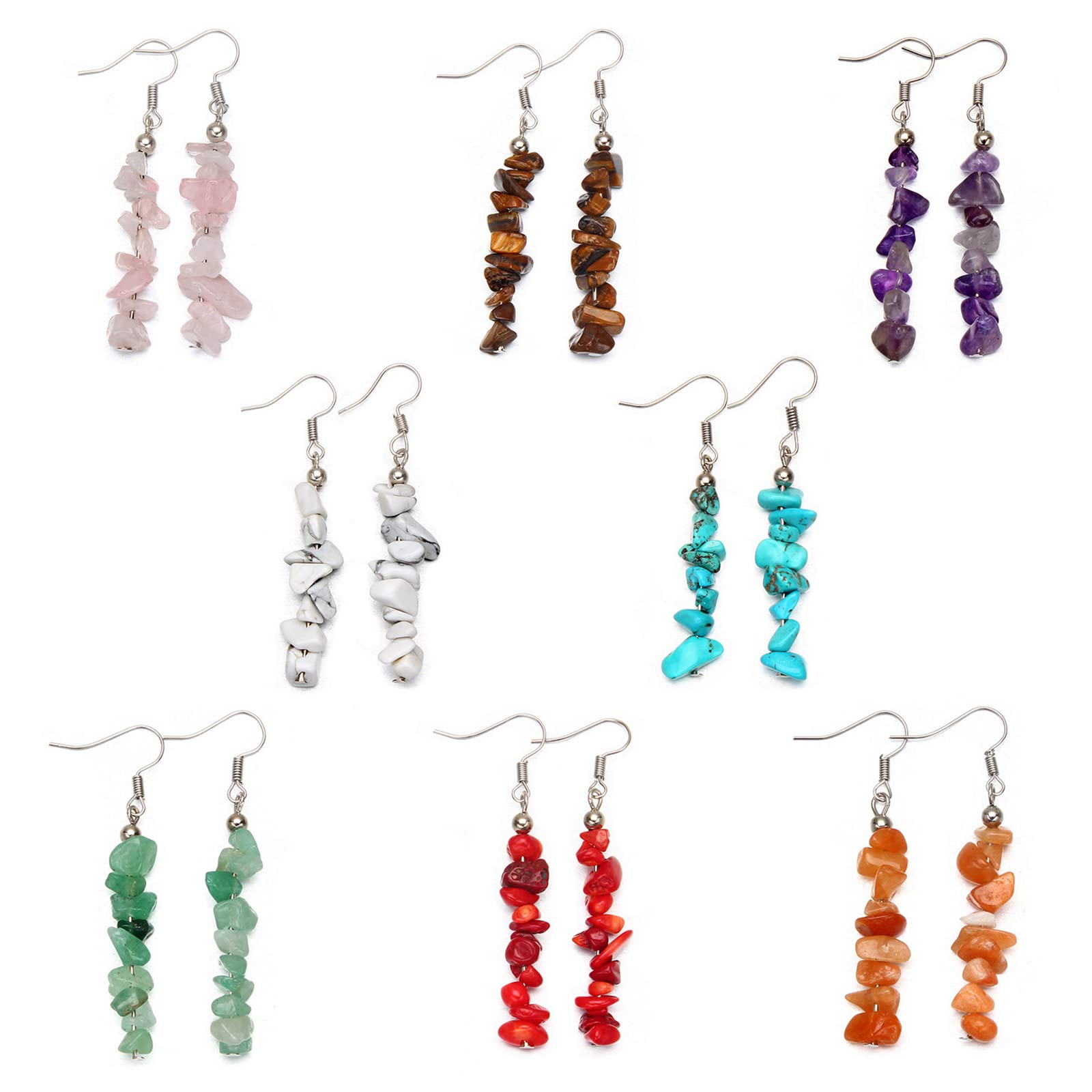 WAINIS 8 Pairs Natural Tumbled Stone Dangle Earrings for Women Colorful Crystal Dangle Drop Hook Earrings Chakra Healing Gemstone Chip Earrings Set