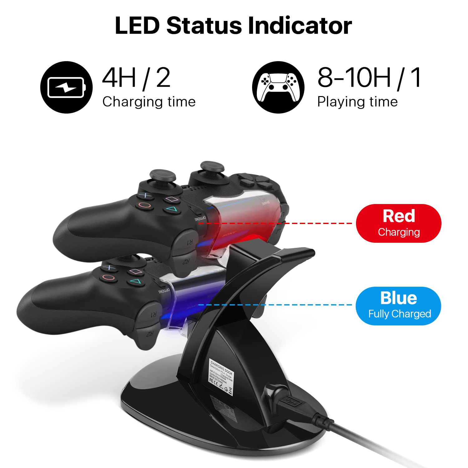 TNP PS4 Controller Charger - Dual Charging Station for Playstation 4 Controller Charger with LED Indicator and IC Protection - Fast Dual USB Dualshock 4 Charger Stand