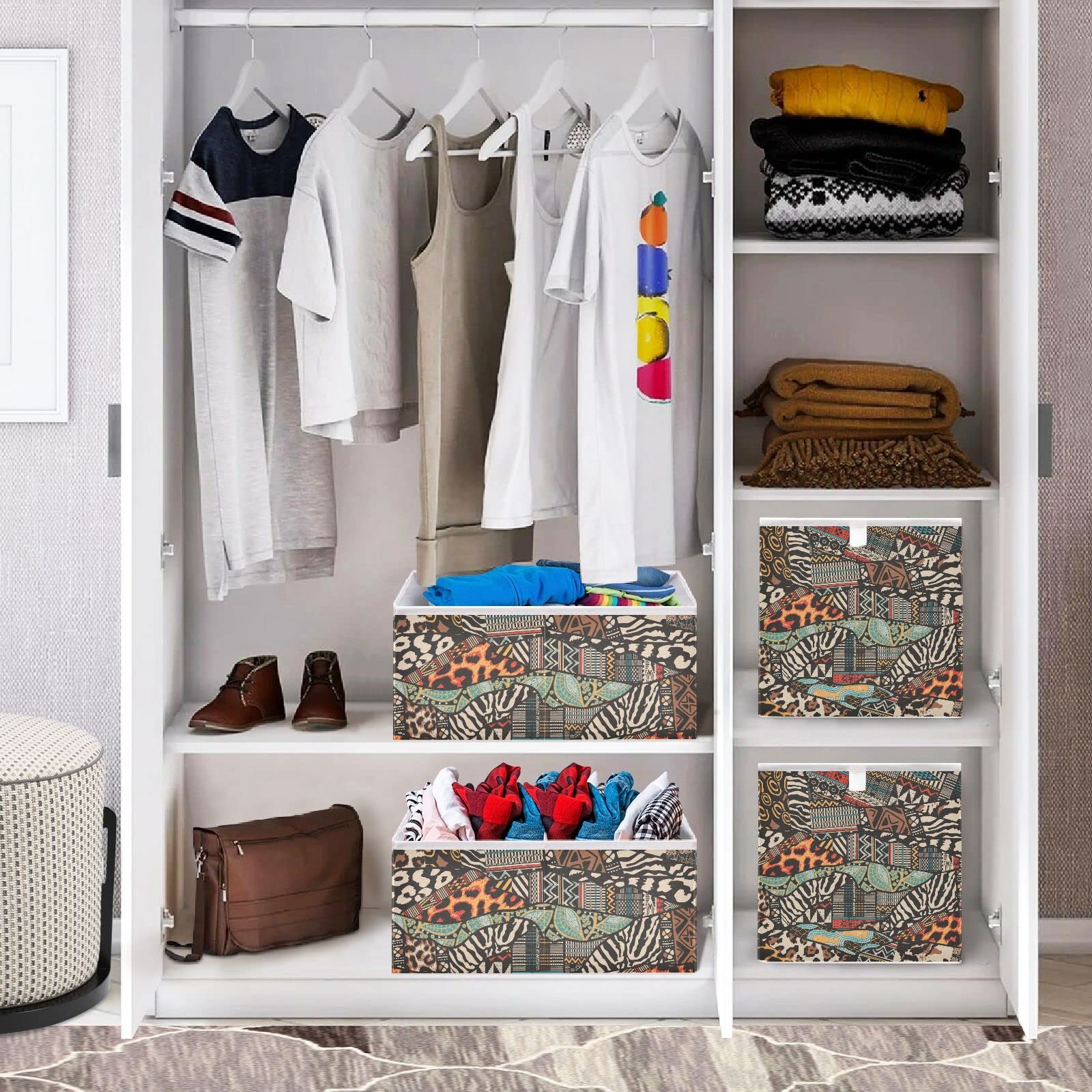 Vnurnrn Cube Storage Bins African Pattern Patchwork, Collapsible Storage Box with Support Board, Foldable Fabric Basket for Shelf Closet Cabinet 11.02×11.02×11.02 in