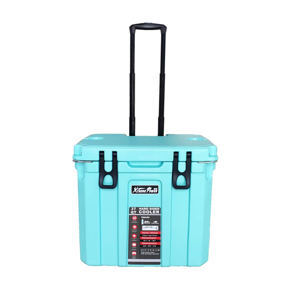 XtremepowerUS Portable 37 Quart Insulated Ice Chest Cooler Roto-Molded Bottle Opener Adjustble Telescoping Handles with Wheels, Aqua