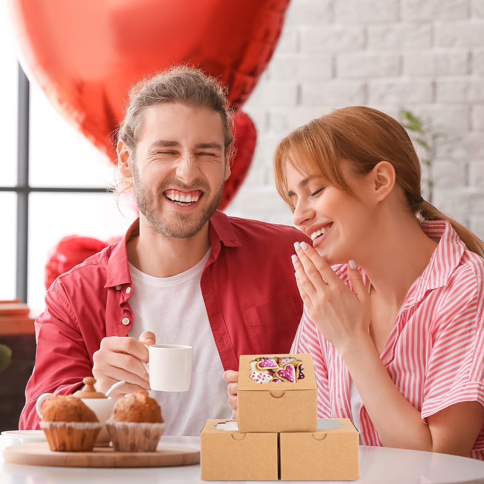 TOMNK 60pcs 4 Inches Brown Bakery Boxes Small Cookie Boxes Kraft Baking Boxes with 2 Style Windows for Strawberries Chocolate Dessert Treat Candy Donuts Mini Cake and Party Favor 4x4x2.5 Inches