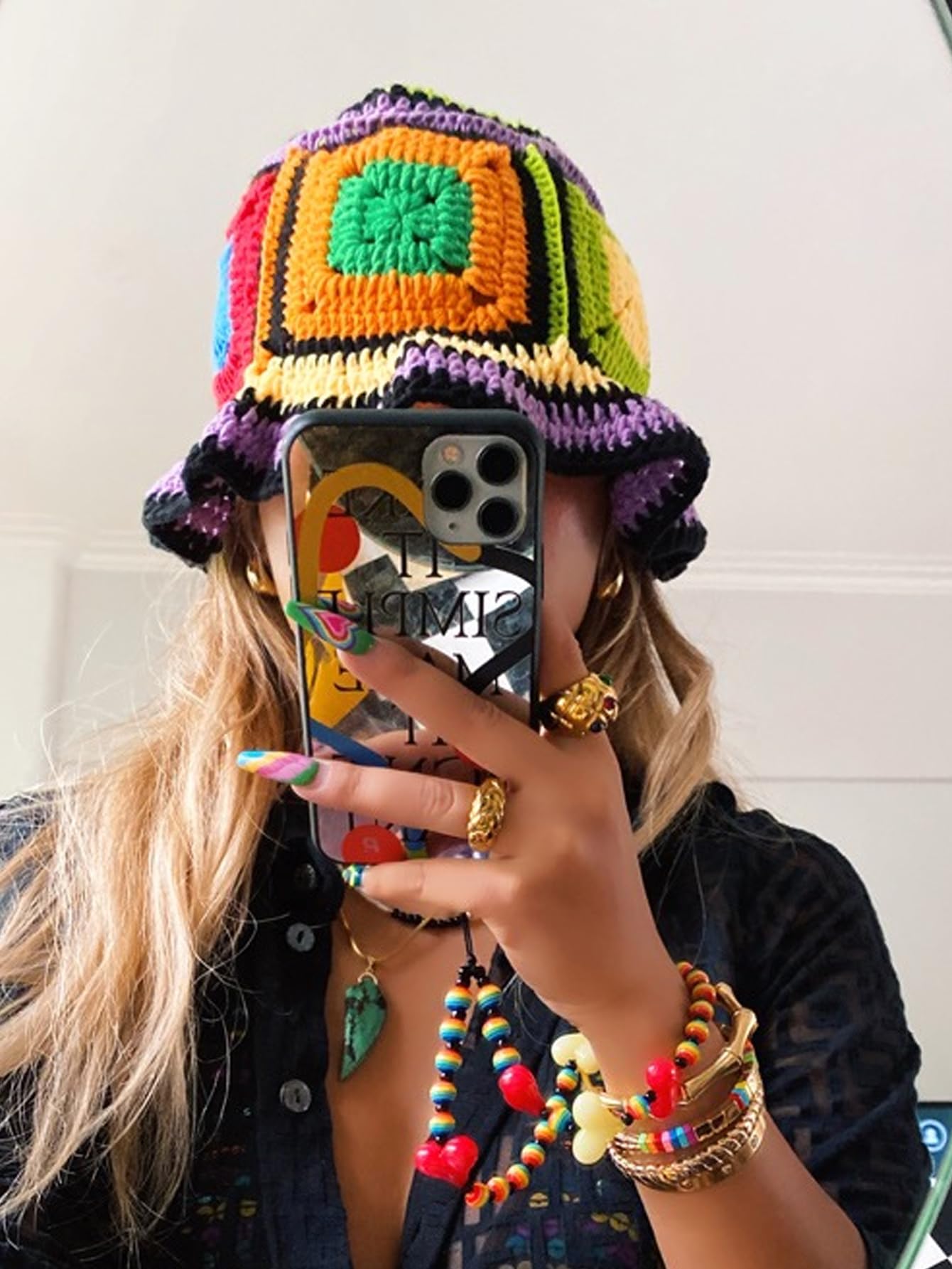 Verdusa Women's Colorblock Crochet Bucket Hat Knitted Beanies Cap Multicolor one-size