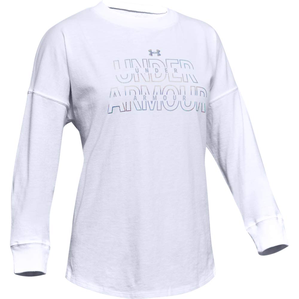 Under Armour Wordmark Branded Long-sleeve Shirt, White (100)/Mod Gray, Youth Small