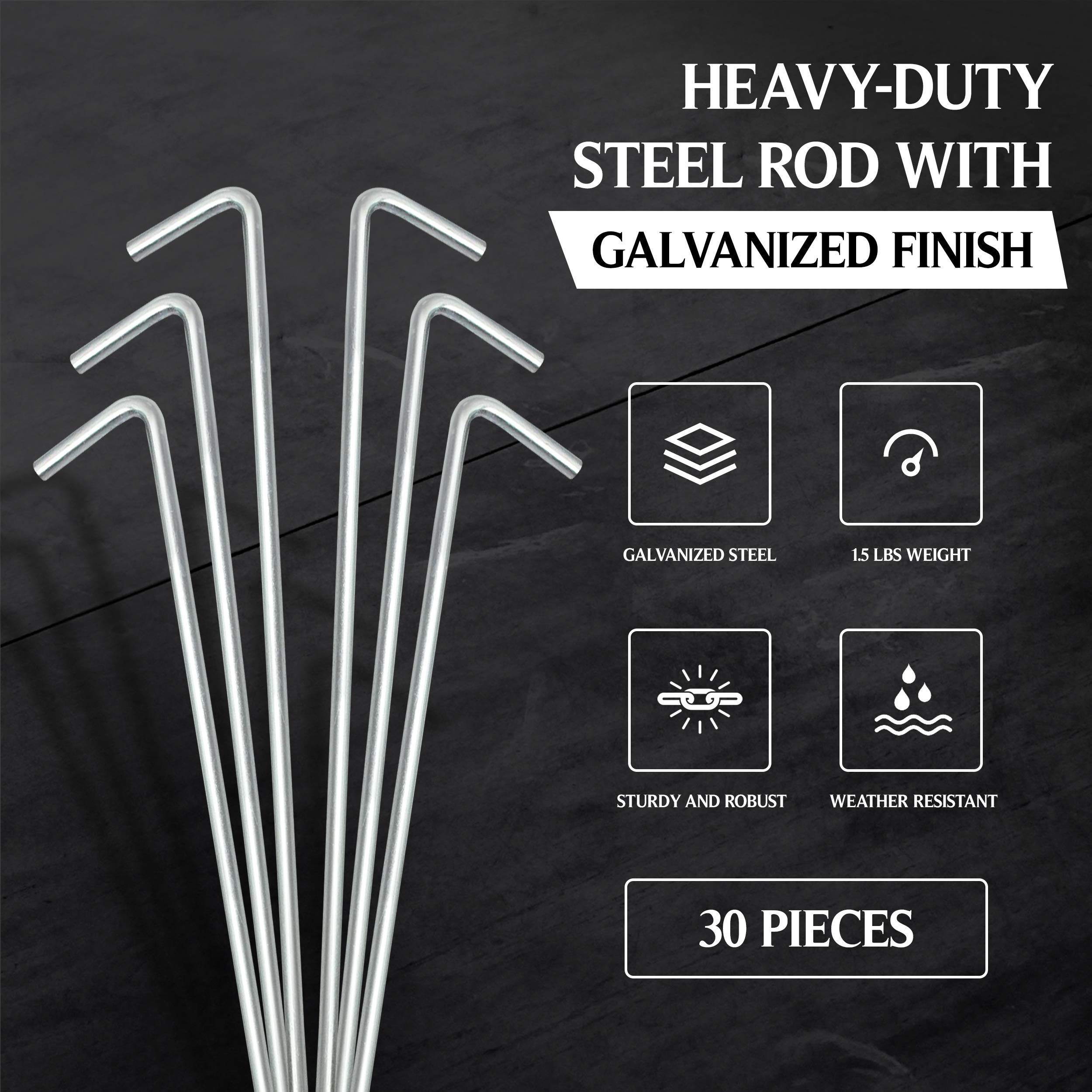Tent Stakes For Outdoor Camping Heavy Duty Metal, Galvanized Rust-Free Yard Stakes, 10 Garden Edging Fence Hook | Garden Stakes For Gardening & Canopies, Tent Pegs - By Ram-Pro