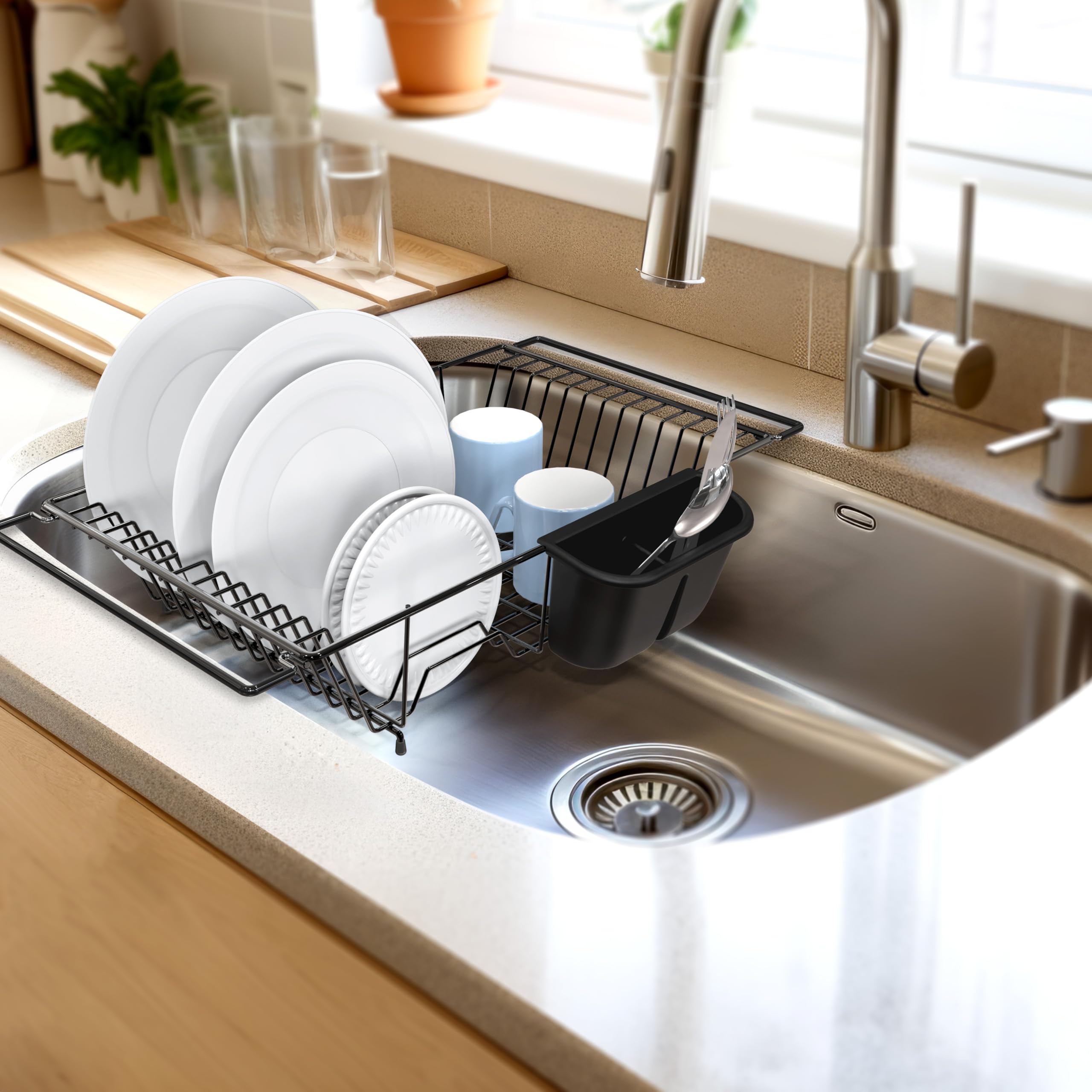 Simple Houseware Large Over Sink Counter Top Dish Drainer Drying Rack with Utensil Holder, Black