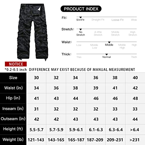 zeetoo Mens Relaxed-Fit Cargo Pants Multi Pocket Military Camo Combat Work Pants #03 Black 38