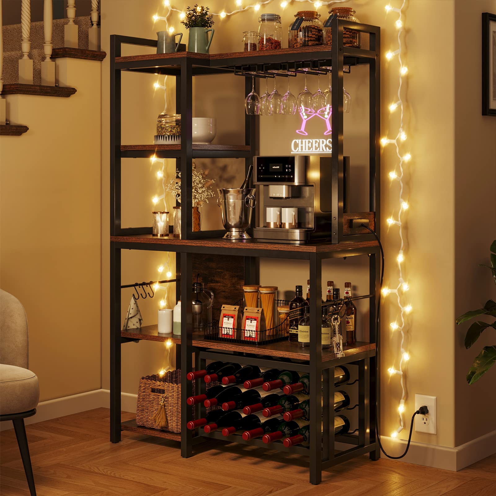 YITAHOME Kitchen Microwave Bakers Stand Wine Rack, Coffee Bar Storage for Liquor Glasses Power Outlet, Wine Rack Freestanding Floor Tall Farmhouse Shelf Dining Room Hutch 35 Inch Large, Rustic Brown