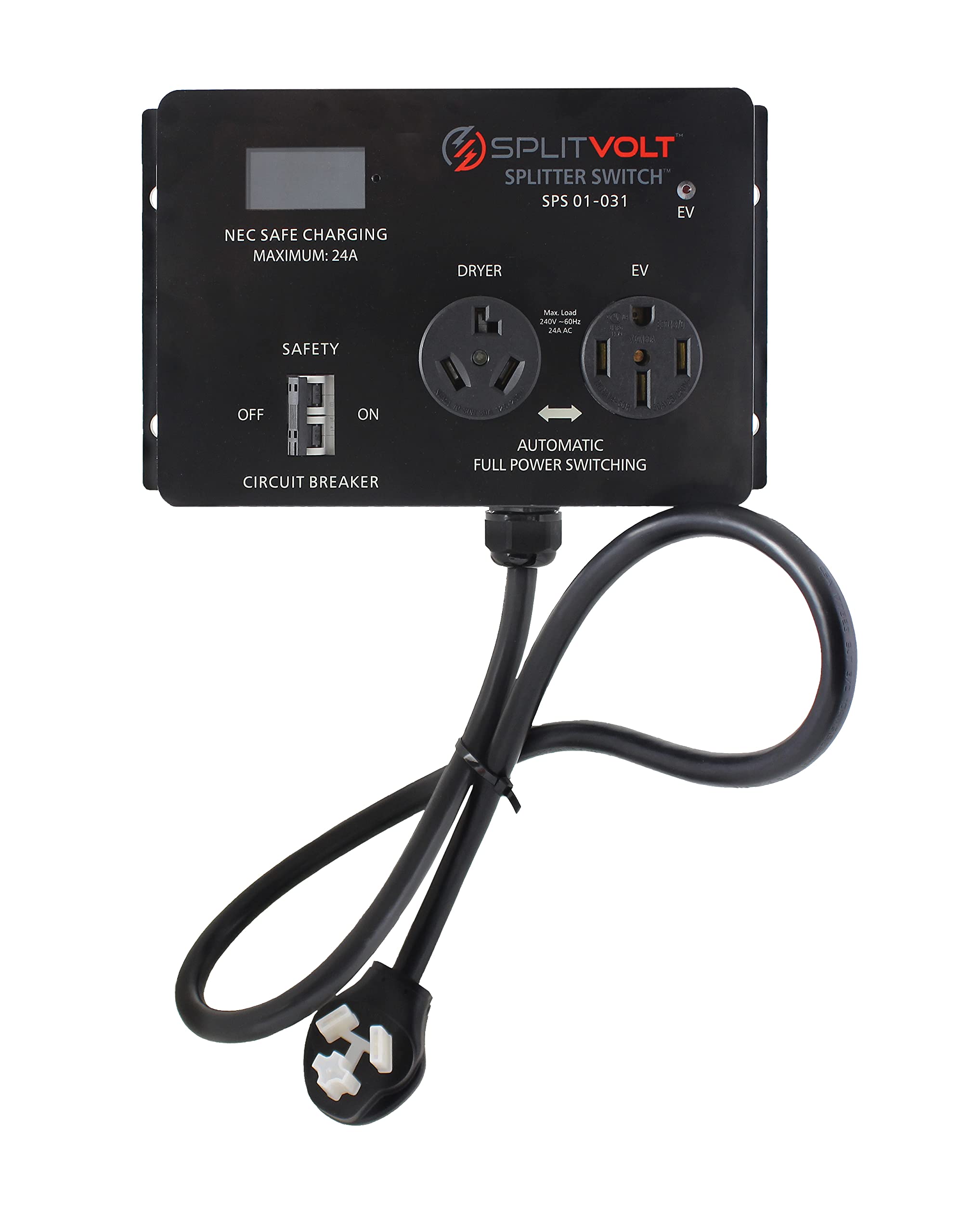 Splitvolt NEMA 10-30/10-30 Splitter Switch 10-30 Plug to Two 10-30 Outlets (A&B) - Automatic Power Switching for Dryer and EV and Real-time Display, 24 Amp, 240V EVSE