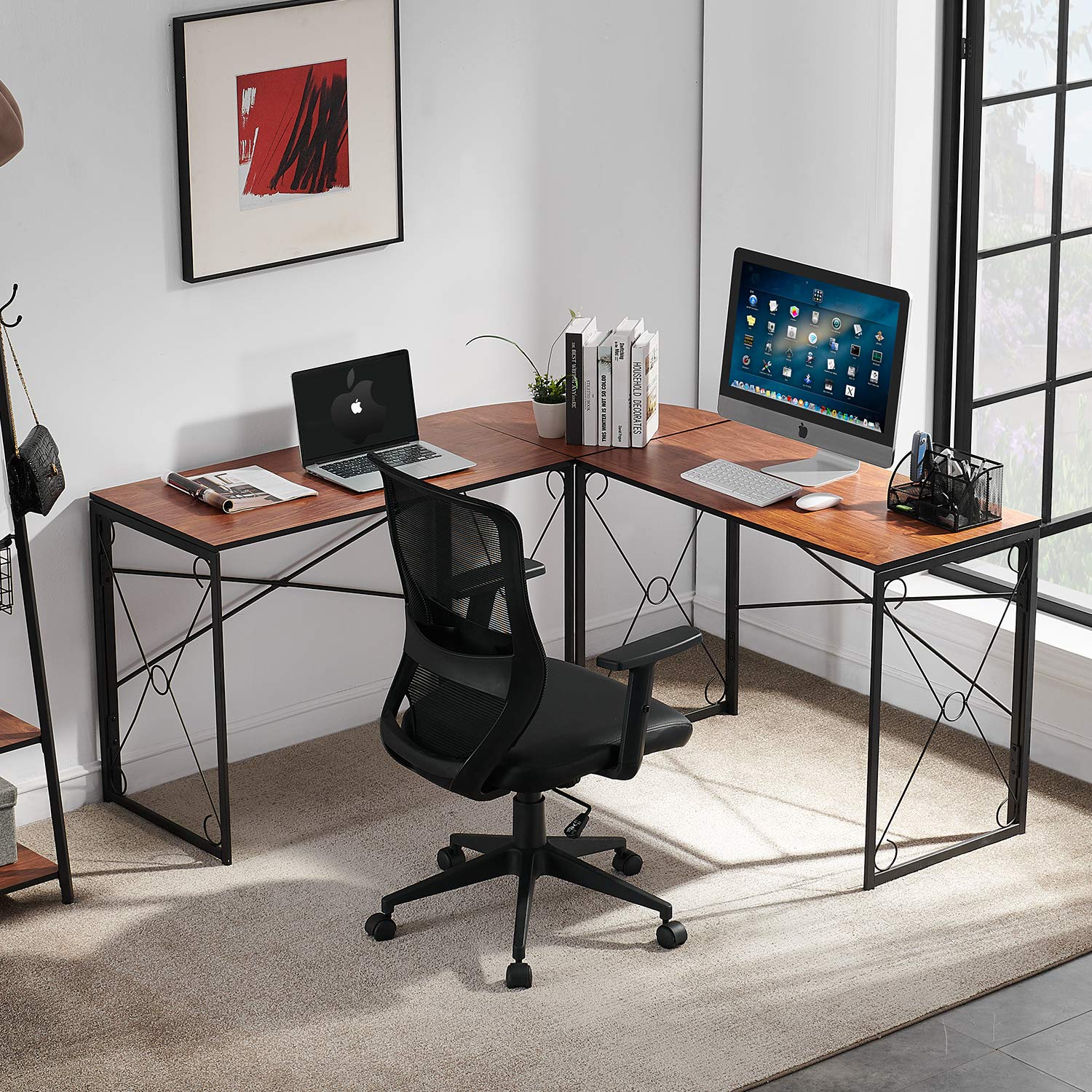 VECELO L Shaped Computer Corner Desk, 59ββx59ββ Large Industrial Home Office Workstation, Multi-Usage Long 2 Person Table, Easy Assembly/Saving Space, Steel Frame&Wooden Grain, Brown
