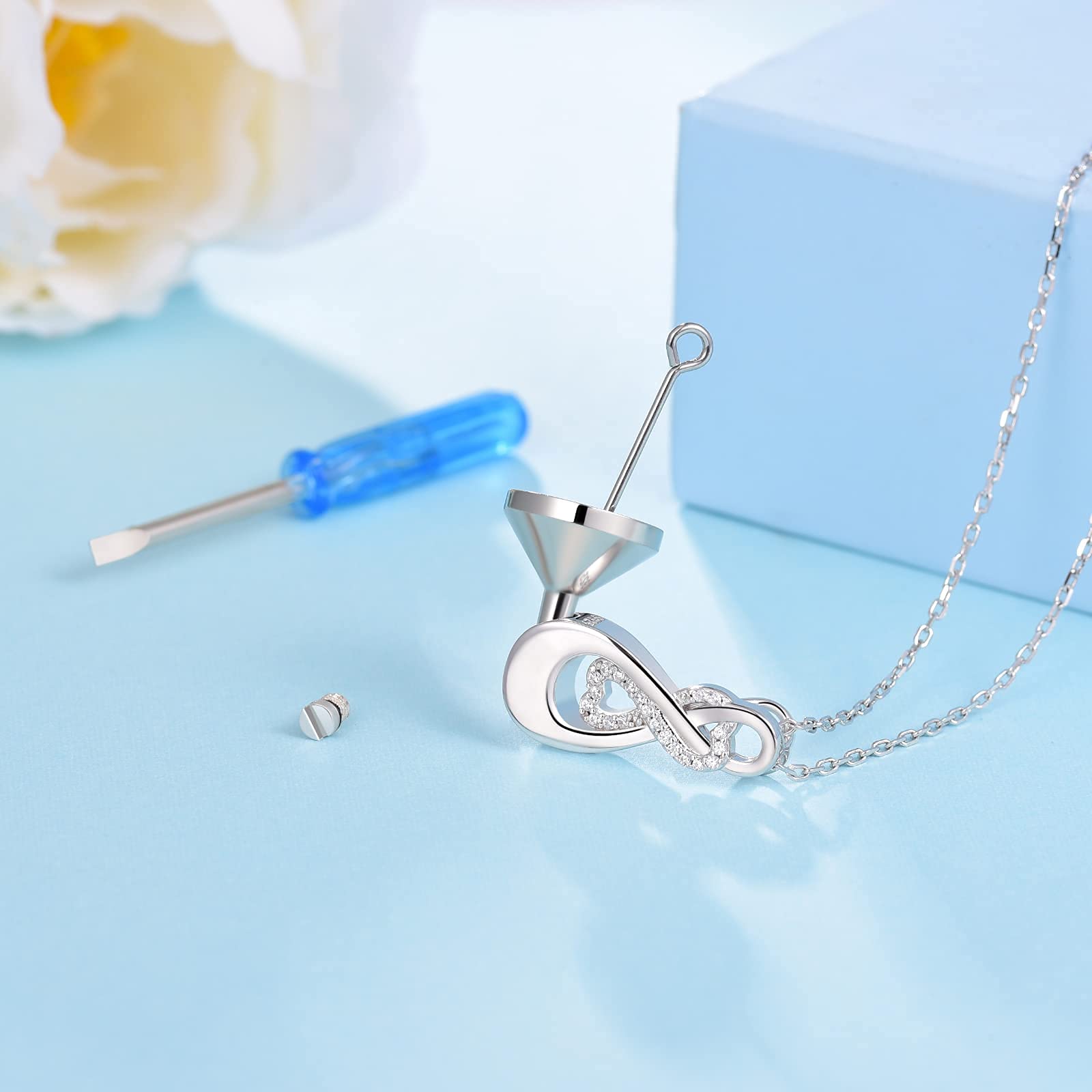 ZGBY S925 Sterling Silver Necklace for Ashes Infinity Urn Necklaces Teardrop Cremation Jewelry for Ashes Keepsake Memorial Pendant for Women Men Loved Ones (White)