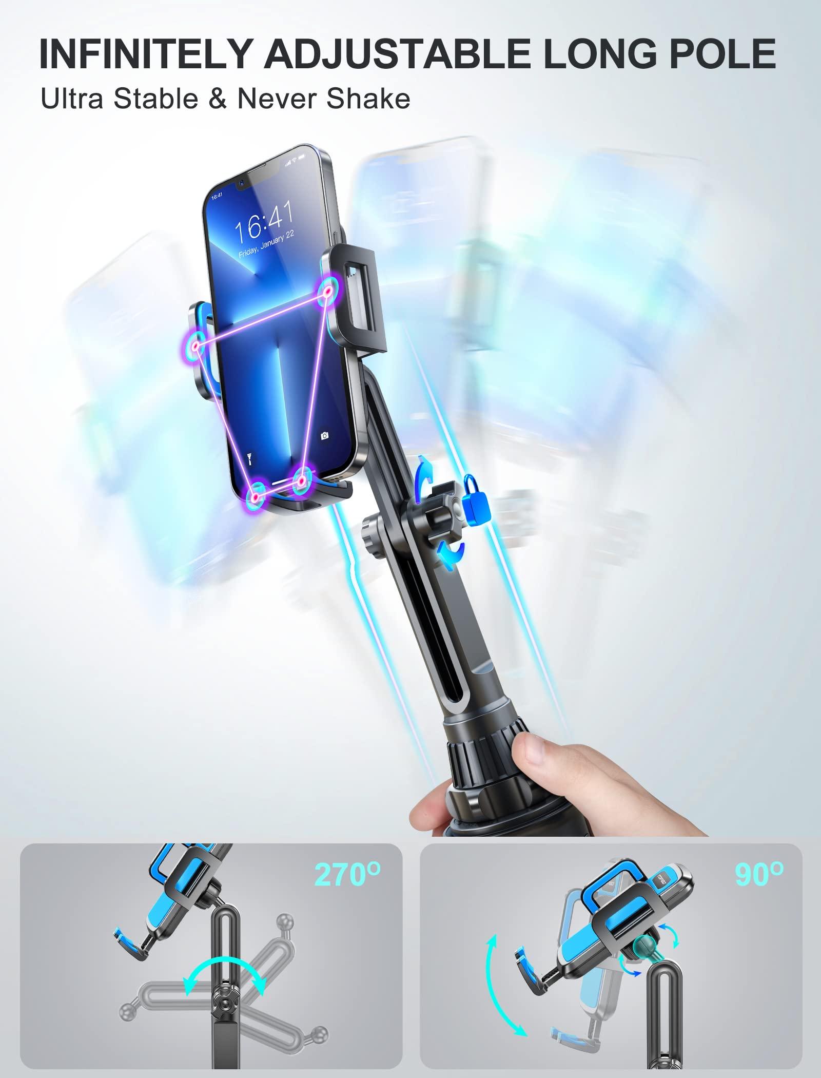 TOPGO Cup Holder Phone Holder, [No Shaking & Height-Adjustable Pole] Car Cup Holder Phone Mount, Cell Phone Cradle for iPhone iPhone 14 and More Smart Phone(Blue)
