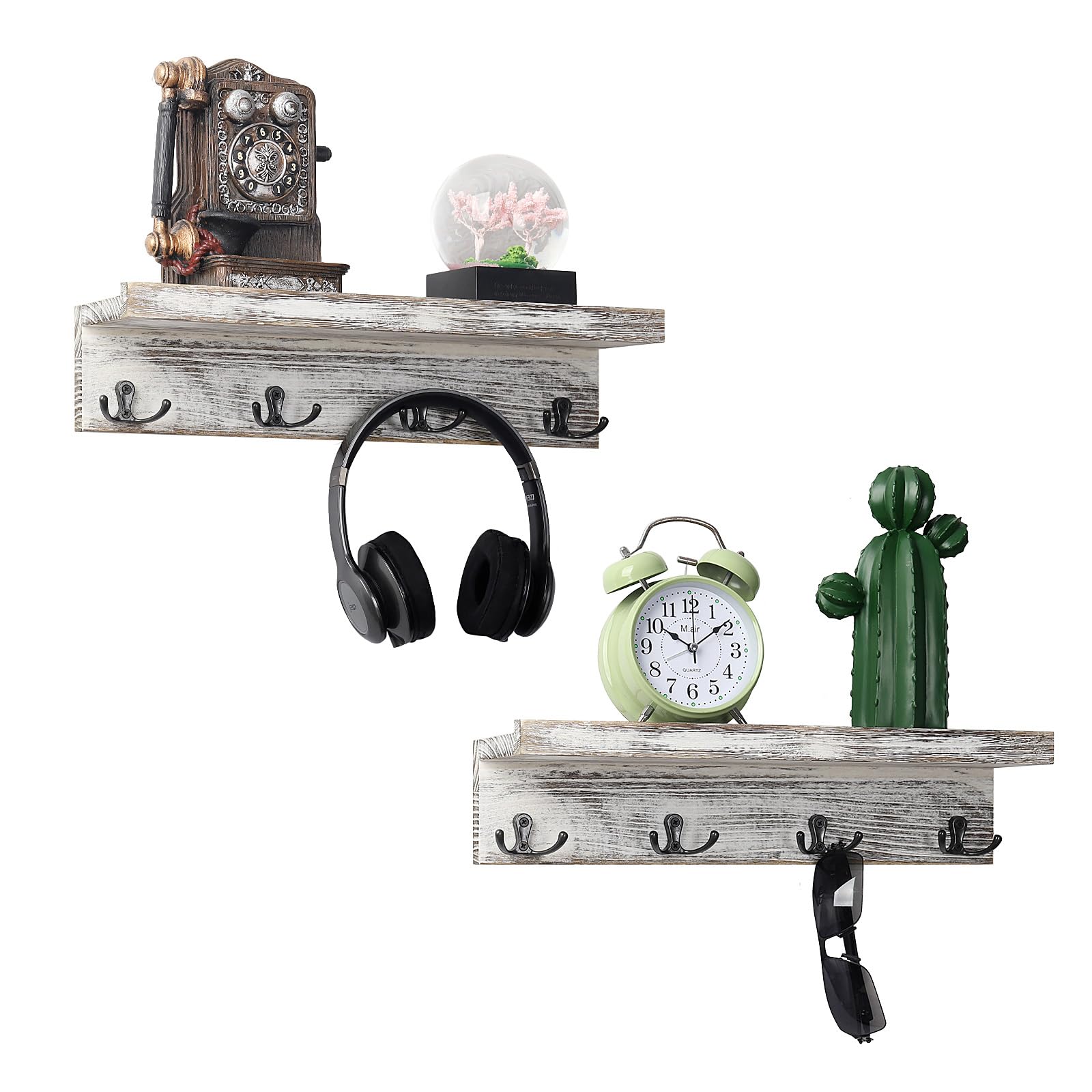 Wall Coat Rack with Hooks Wall Mounted Coat Rack with Hooks Set of 2 Farmhouse Coat Key Hooks with Storage Shelf Hanging Shelves for Entryway Bedroom Bathroom Living Room, Rustic White