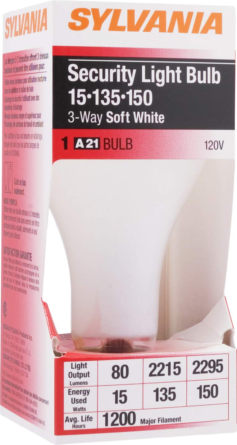 SYLVANIA 15W 3 Way A21 Incandescent Security Light Bulb, 15/135/150W, 2850K, White Finish, Soft White - 1 Pack (18009)