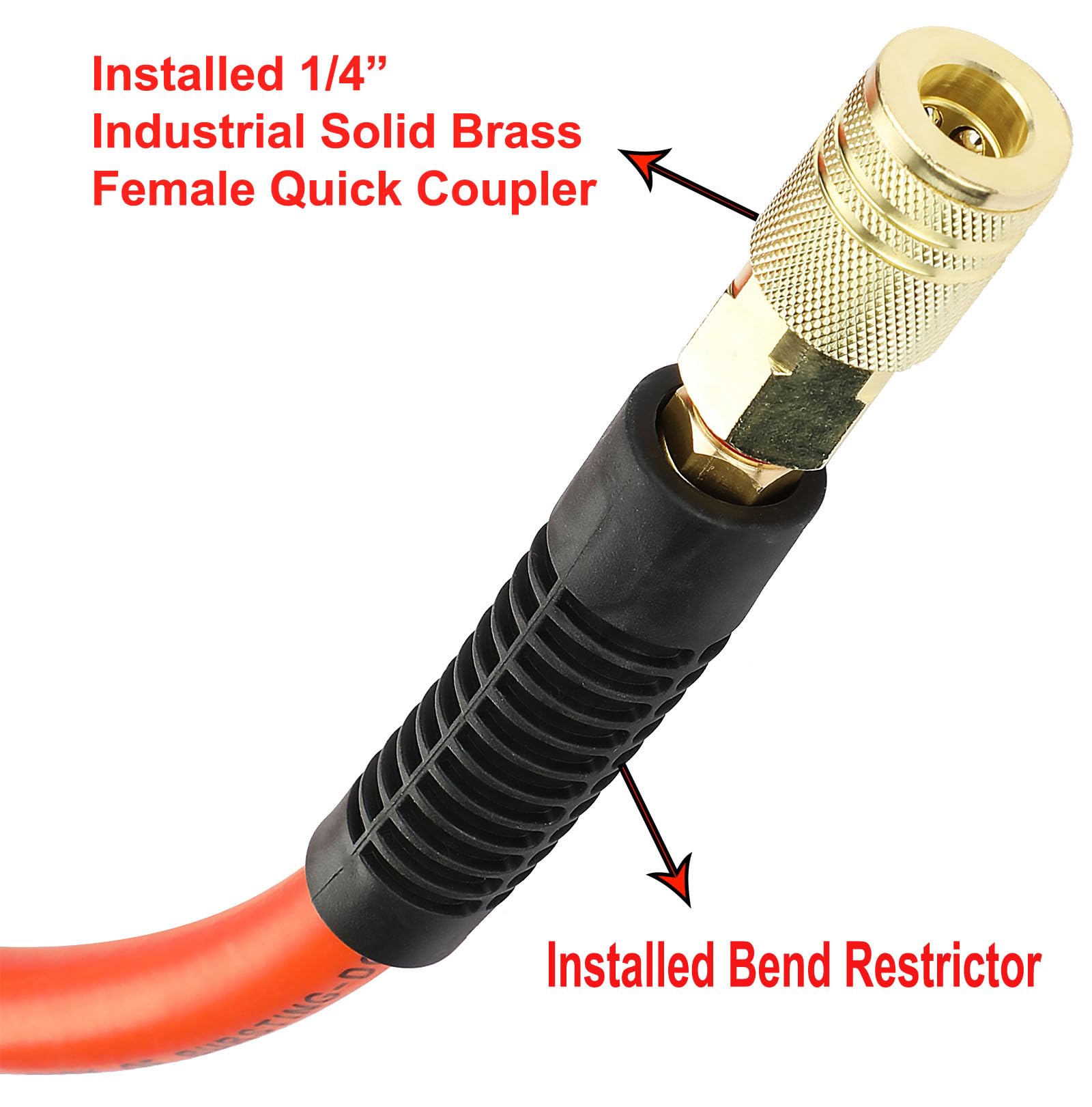 YOTOO Air Hose 3/8 in. x 3 ft, 300 PSI Hybrid Lead-in Air Compressor Hose, Heavy Duty, Lightweight, Kink Resistant, All-Weather Flexibility with 1/4β Quick Coupler Fitting and Bend Restrictors, Orange