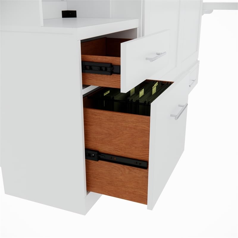 RoomAndLoft Brentwood Queen Contemporary Solid Wood Murphy Wall Bed and Shelf Storage with Side Desktop and Drawers in White