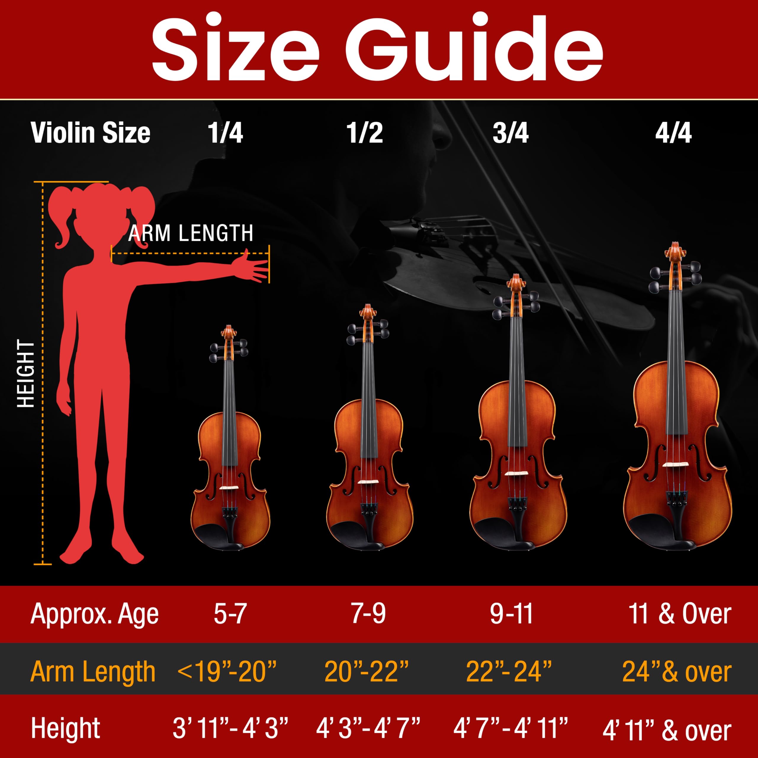 Pyle 1/4 Size Beginner Violin Starter Kit, Violin Starter Package with Travel Case & Bow, Extra Strings, Digital Tuner, Shoulder Rest & Cleaning Cloth for Students, Kids, Adults
