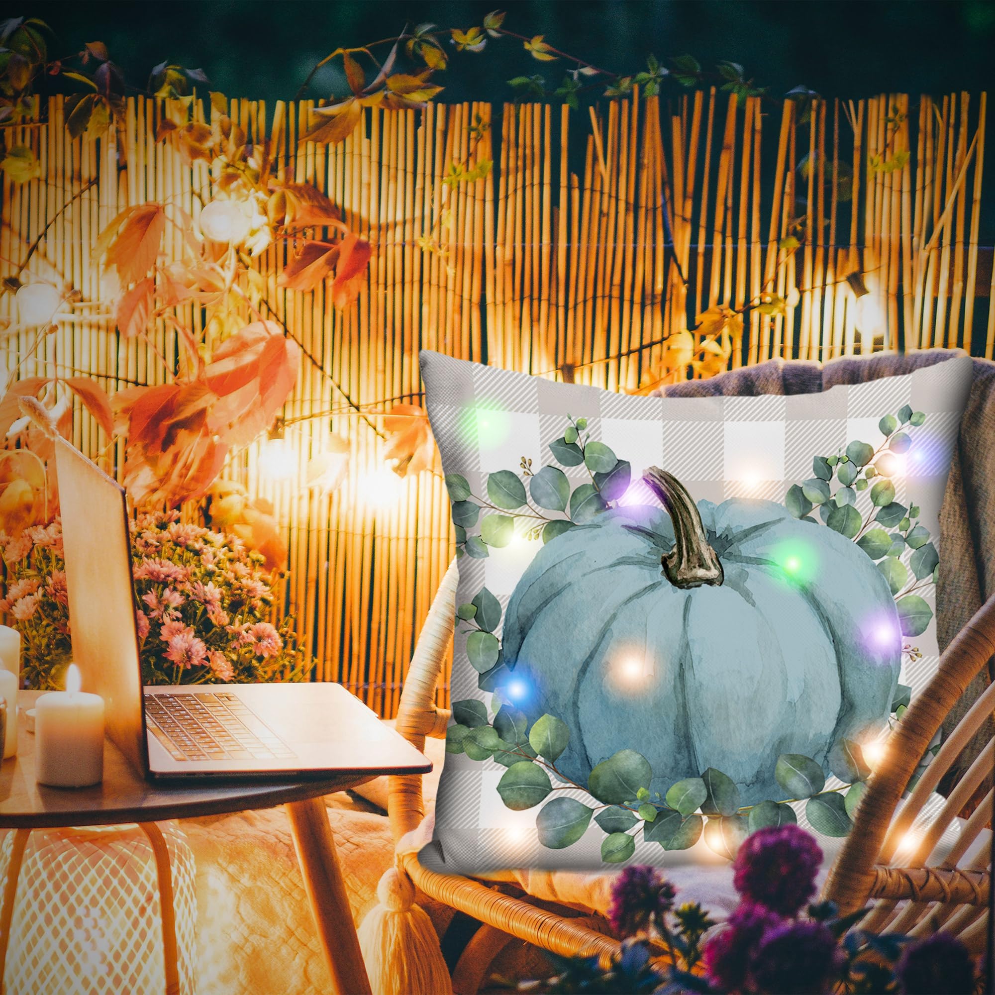Thanksgiving Decorations Lighted Blue Pumpkin Thanksgiving Fall Pillow Covers 18x18, LED Blue Fall Decor Light up, Farmhouse Decorative Pillow Cover Set 4, Home Decor for Indoor Couch (Aqua/Teal)