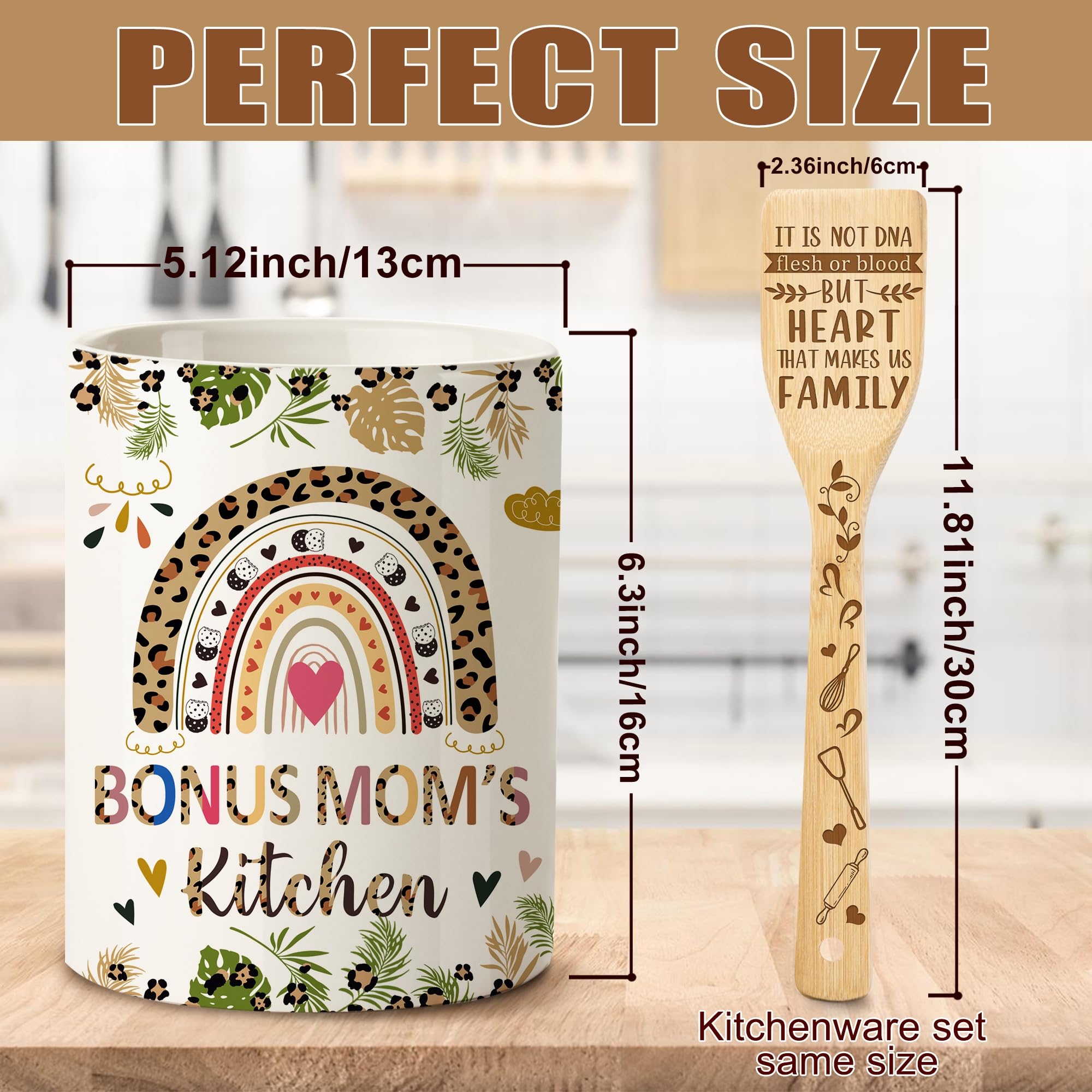 Thanksgiving Decorations Ceramic Utensil Holder with 6PC Thanksgiving Bamboo Spoons-Turkey Cooking Tools Kitchen Utensils Set with Bamboo Spoons for 6-Farmhouse Thanksgiving Kitchen Decor for New Home
