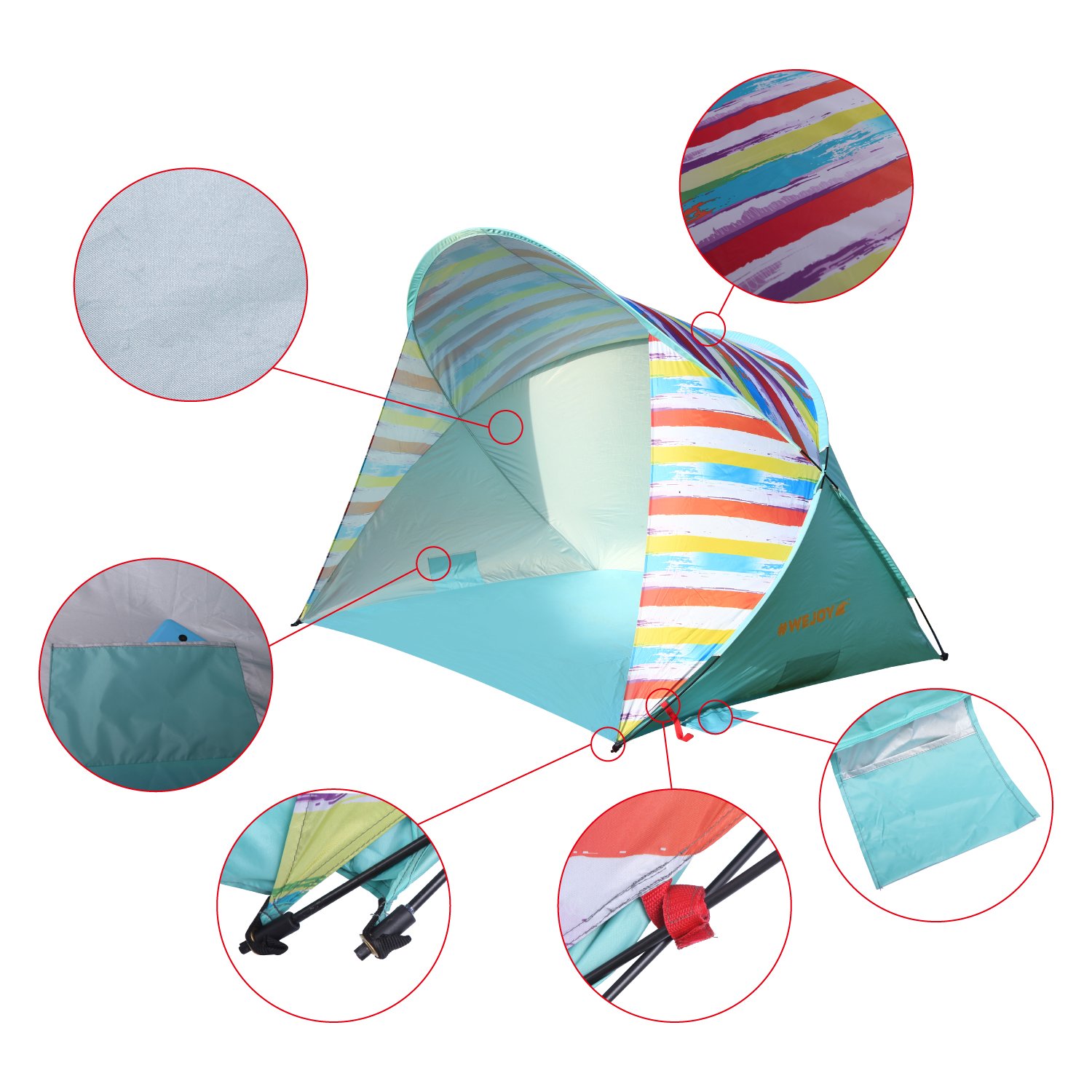 WEJOY 3-4 Persons Beach Tent Oversize Pop-up UPF 50+ UV Protection Portable Durable Sun Shade Shelter Camping Hiking Canopy Tents with Extended Floor Easy Set Up Light Weight