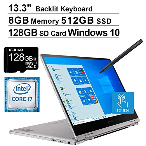 SAMSUNG 2023 Notebook 9 Pro 13 FHD 1080P Touchscreen 2-in-1 Laptop| Intel Core i7-8565U up to 4.6GHz| 8GB RAM| 512GB SSD| FP Reader| Backlit KB| Win 10 + NexiGo 128GB MicroSD Card Bundle