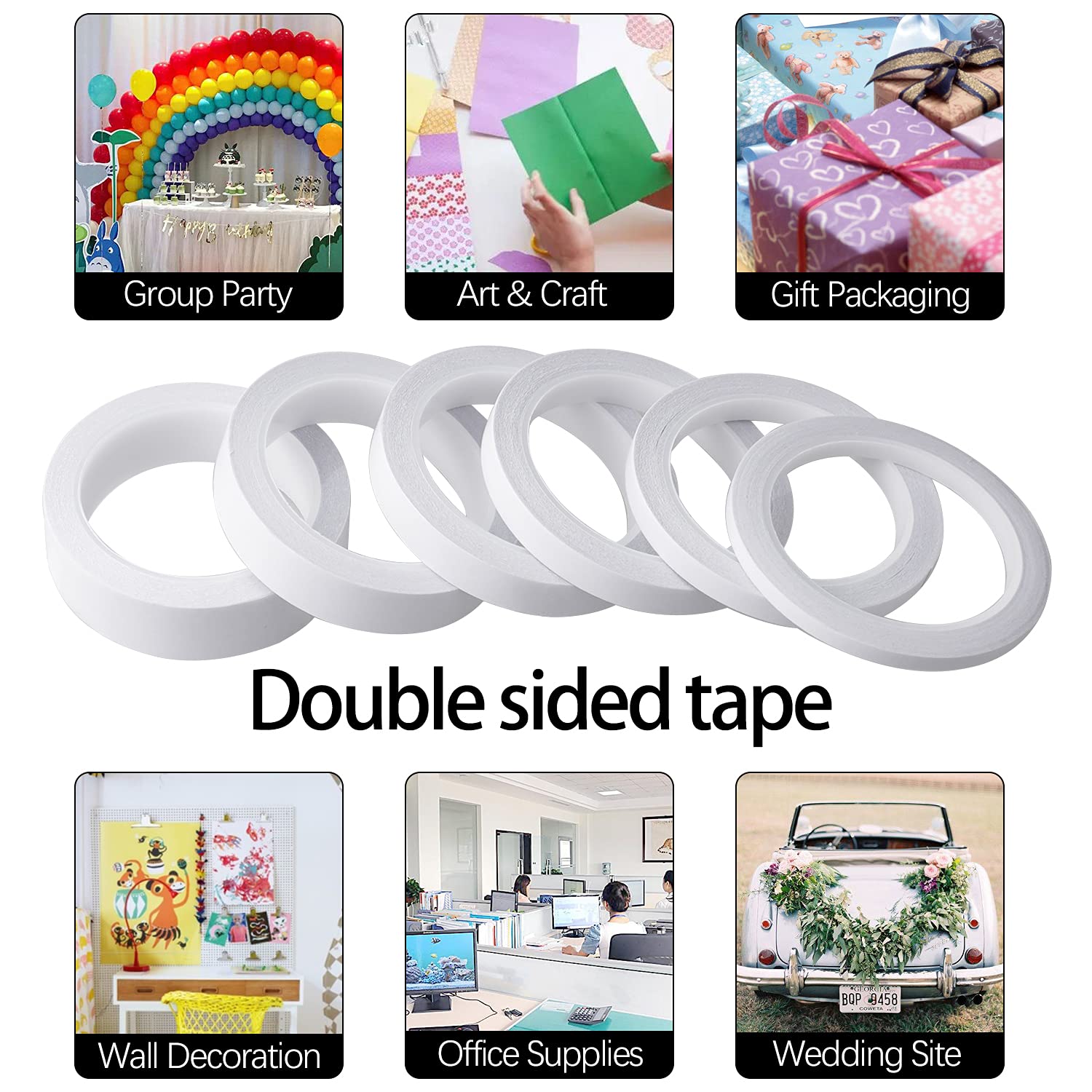 WeLiu Double-Sided Tape for Arts, Crafts, Photography, Scrapbooking, 8 Rolls Tear-by-Hand, Paper Backing(Width: 6mm/ 9mm/ 12mm/ 15mm/20mm/25mm)