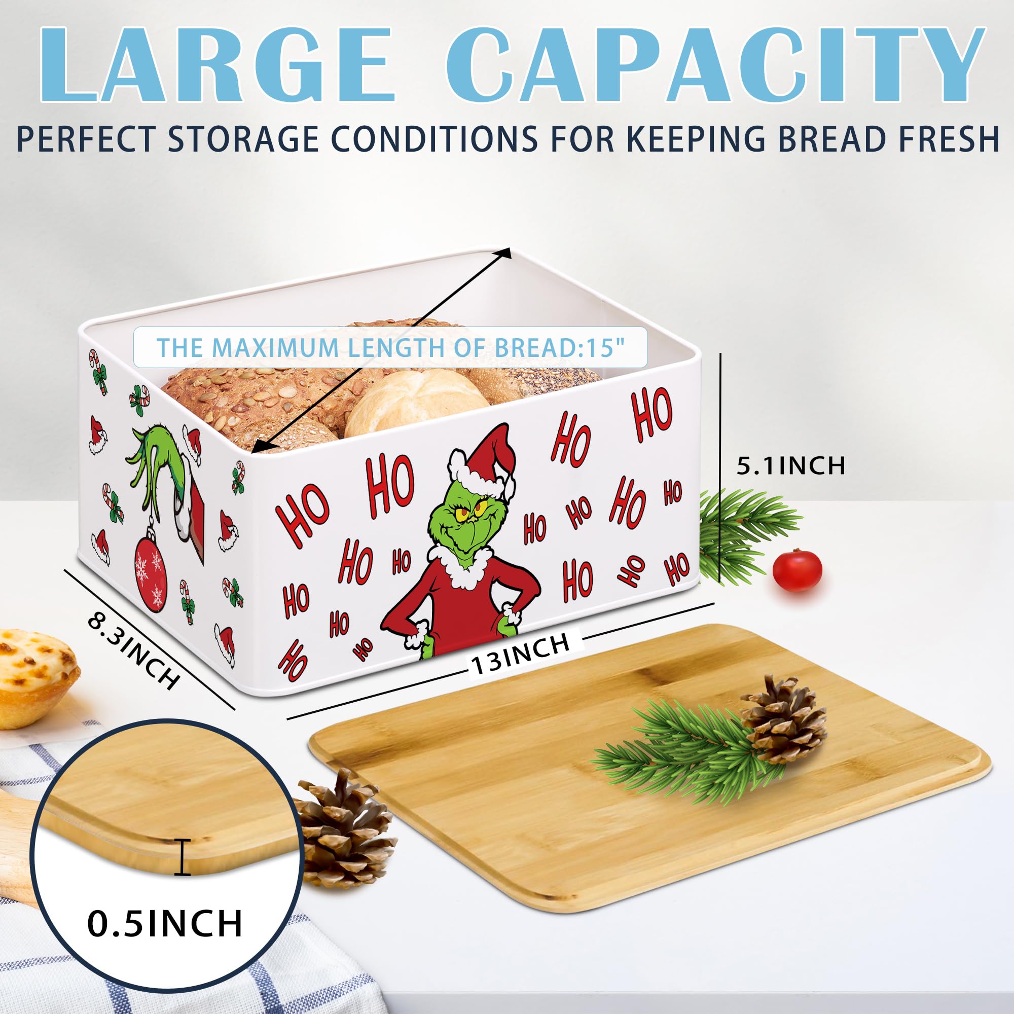 Two Bros. Repellent NOVIIML ead Box with Bamboo Cutting Board Lid, Modern Metal Bread Storage Container for Christmas Kitchen Decor, Christmas Kitchen Table Decorations Indoor Dining Room, for Women