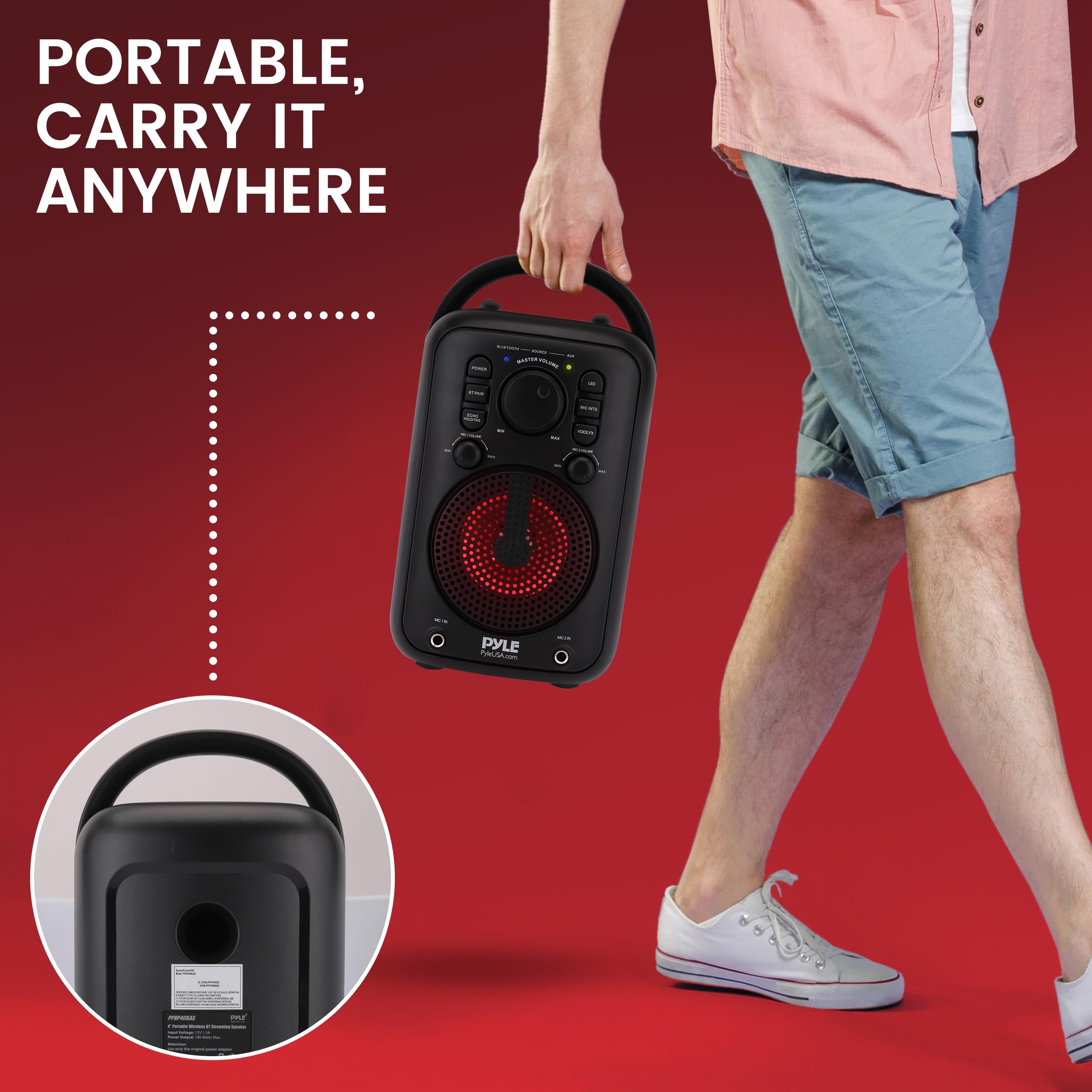Pyle 4β Wireless BT Streaming Speaker - Portable Audio Speaker, with Two Microphones and Stand to Put Mobile Phone, 5.0 Bluetooth, Big Bass & Clear Sound, MP3, Classic Karaoke SystemP