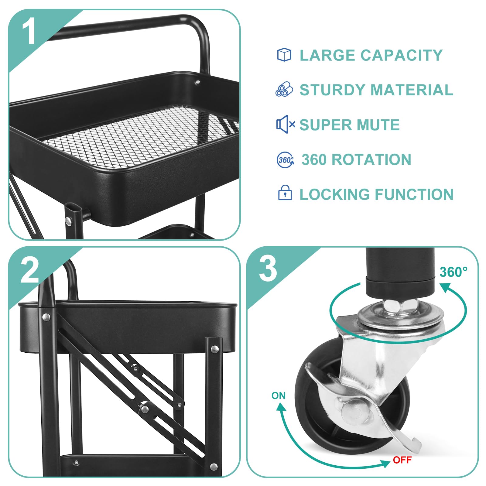SAglorb 3 Tier Foldable Metal Utility Cart Organizer with Wheels, Folding Rolling Cart Collapsible Rolling Storage Cart for Laundry Room, Office, Kitchen (Black)