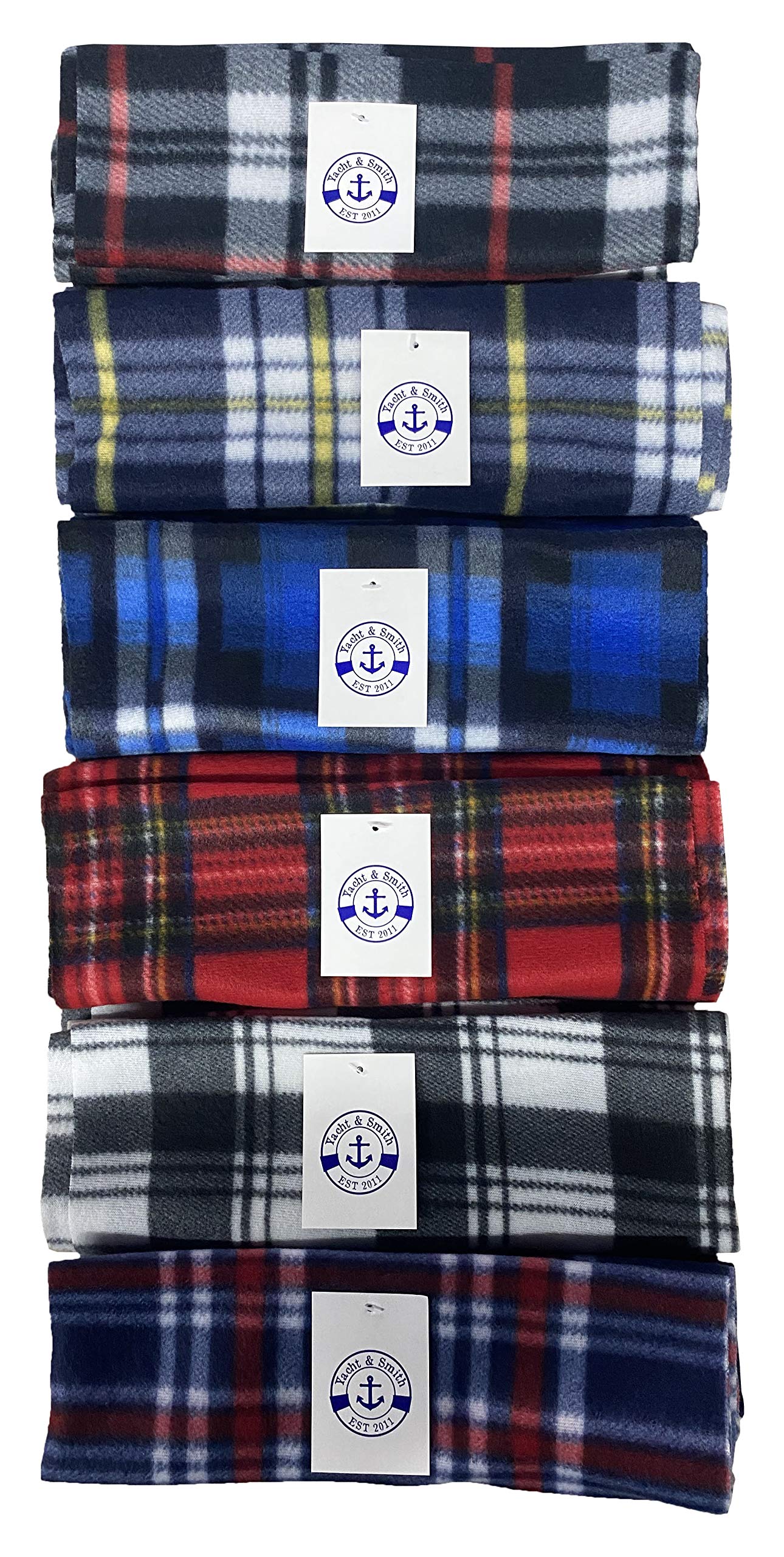 Yacht & Smith Warm Fleece Knit Winter Neck Scarfs and Bulk, Unisex Black, Plaid Stripe Design (12 PACK FLEECE PLAID)