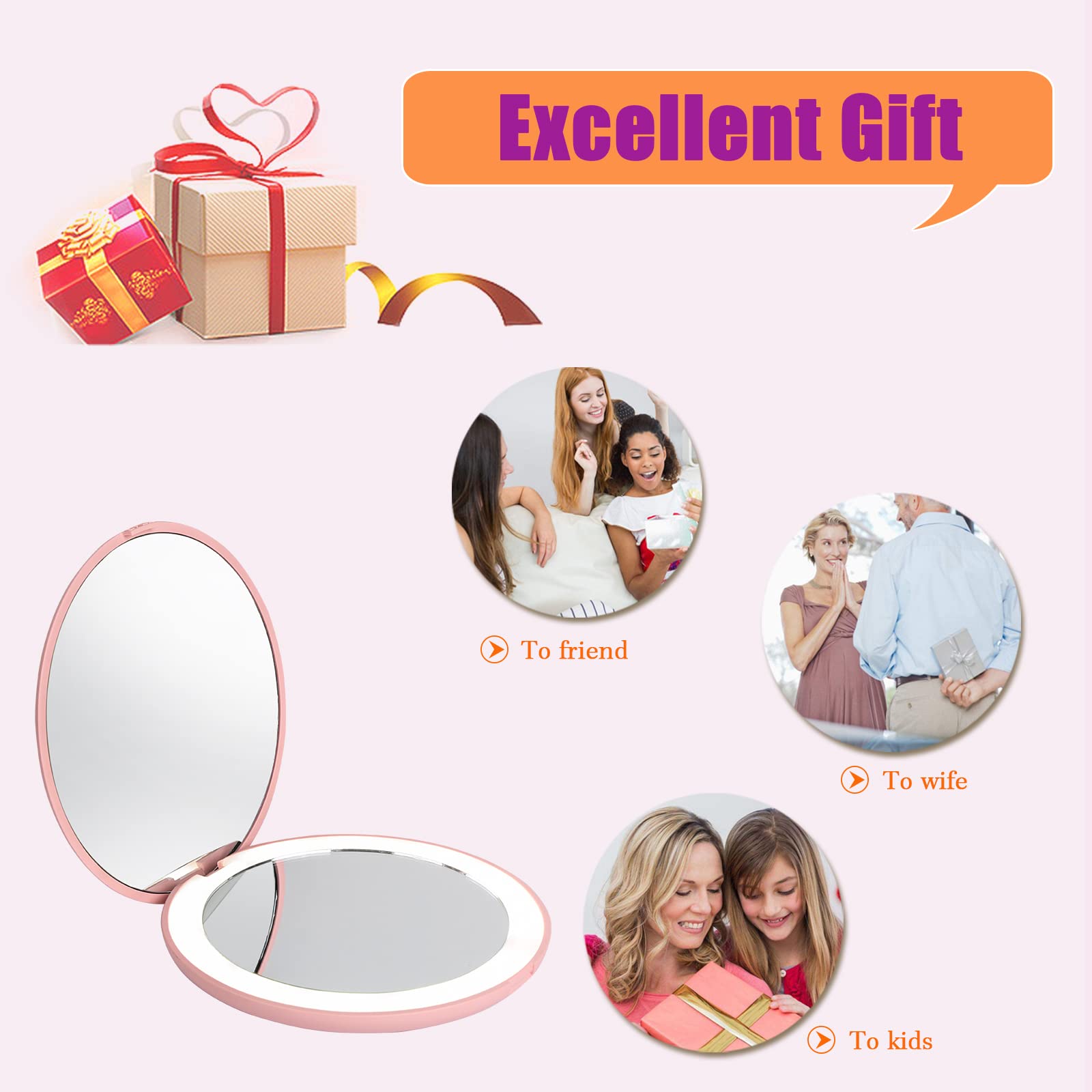 WOBANE LED Travel Makeup Mirror, 3.5 inch Lighted Compact Mirror, 10X Magnification, Handheld, Double Sided, Portable Folding Mirror for Pocket, Purse, Gift, Pink, Round