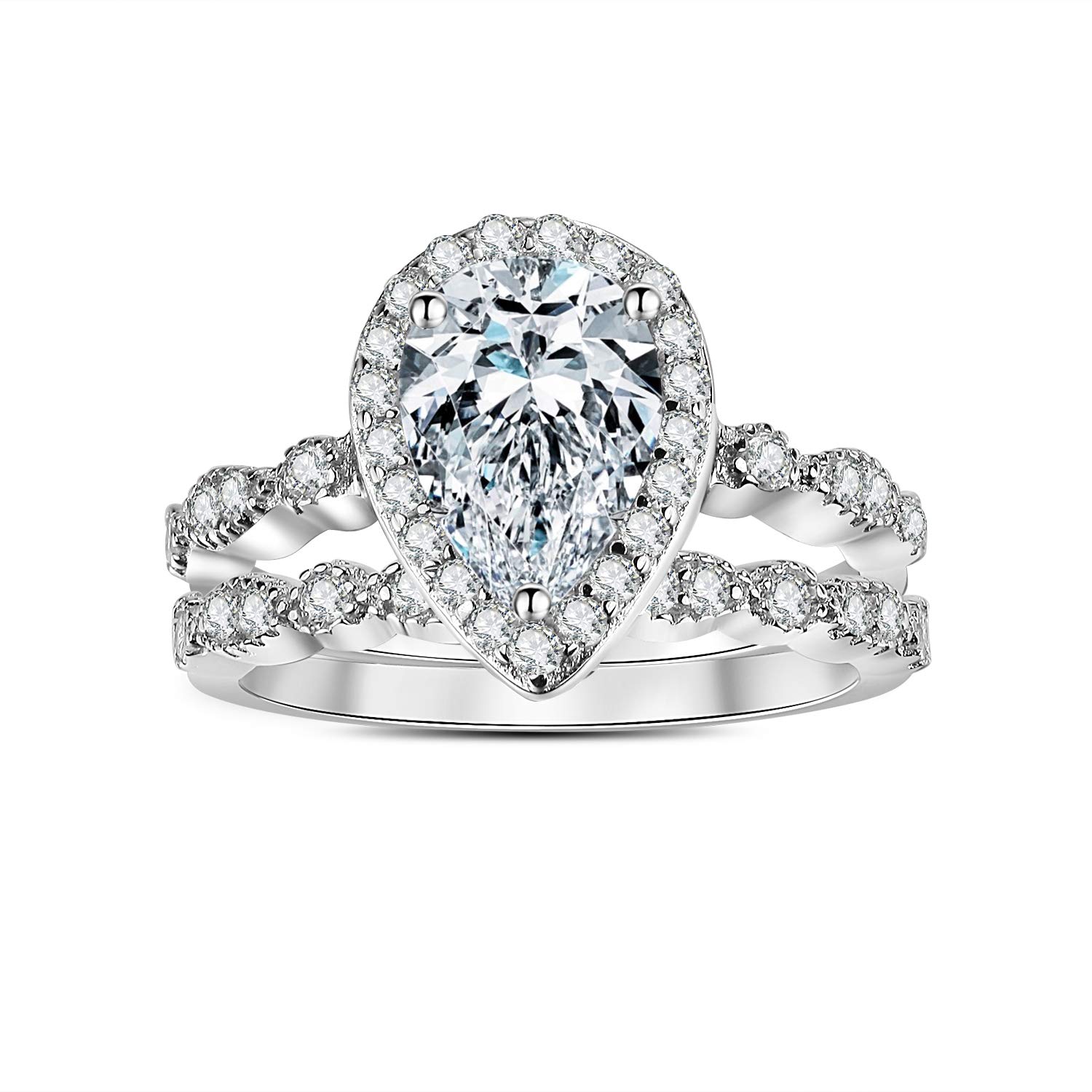 Sterling Silver 9x6mm 1.5 Ct Pear Cut Accented Halo Wedding Ring Band Set Milgrain Halo Bridal Ring Set (Silver, 8)